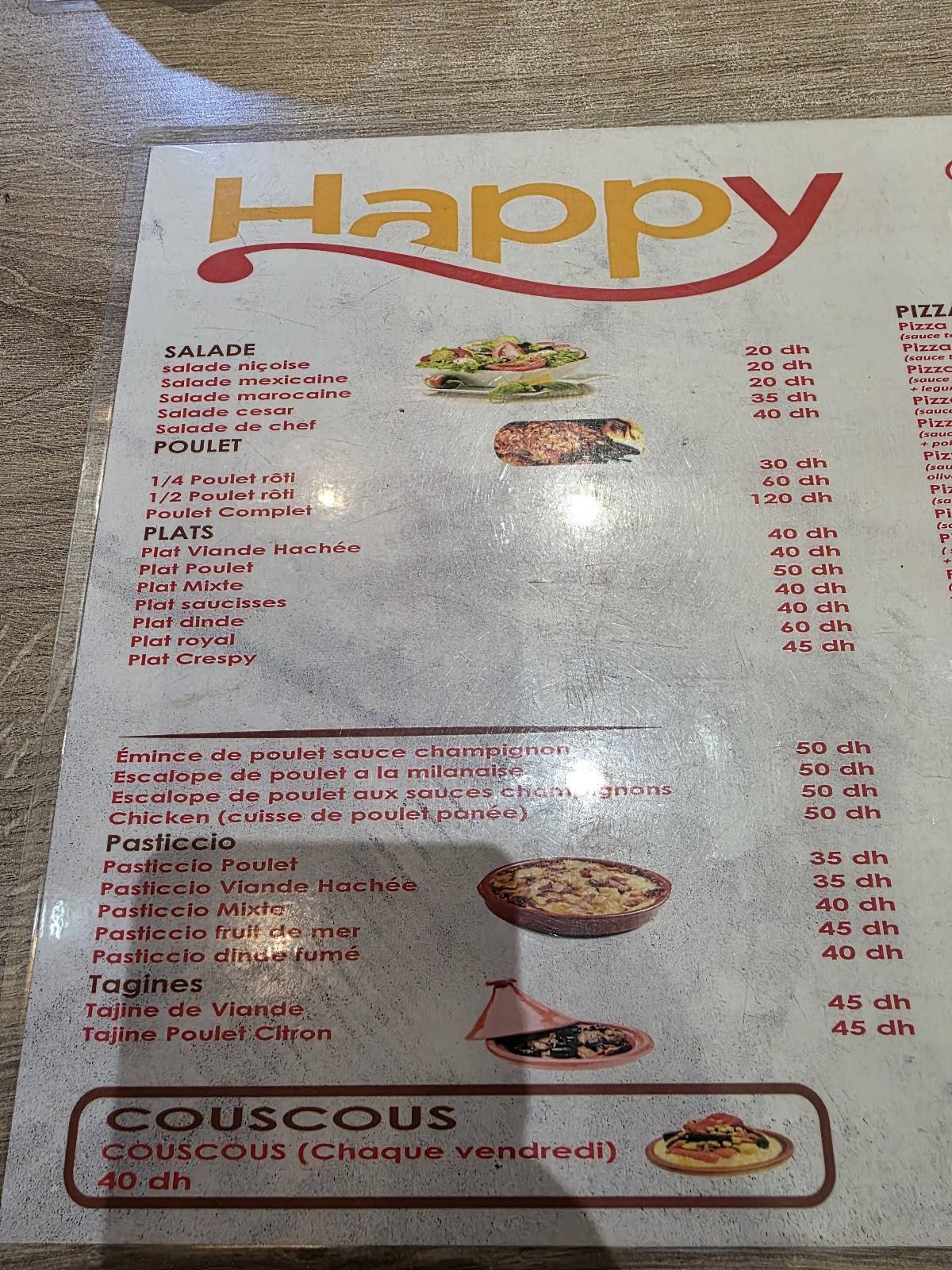 Menu at Happy restaurant, Ouarzazate