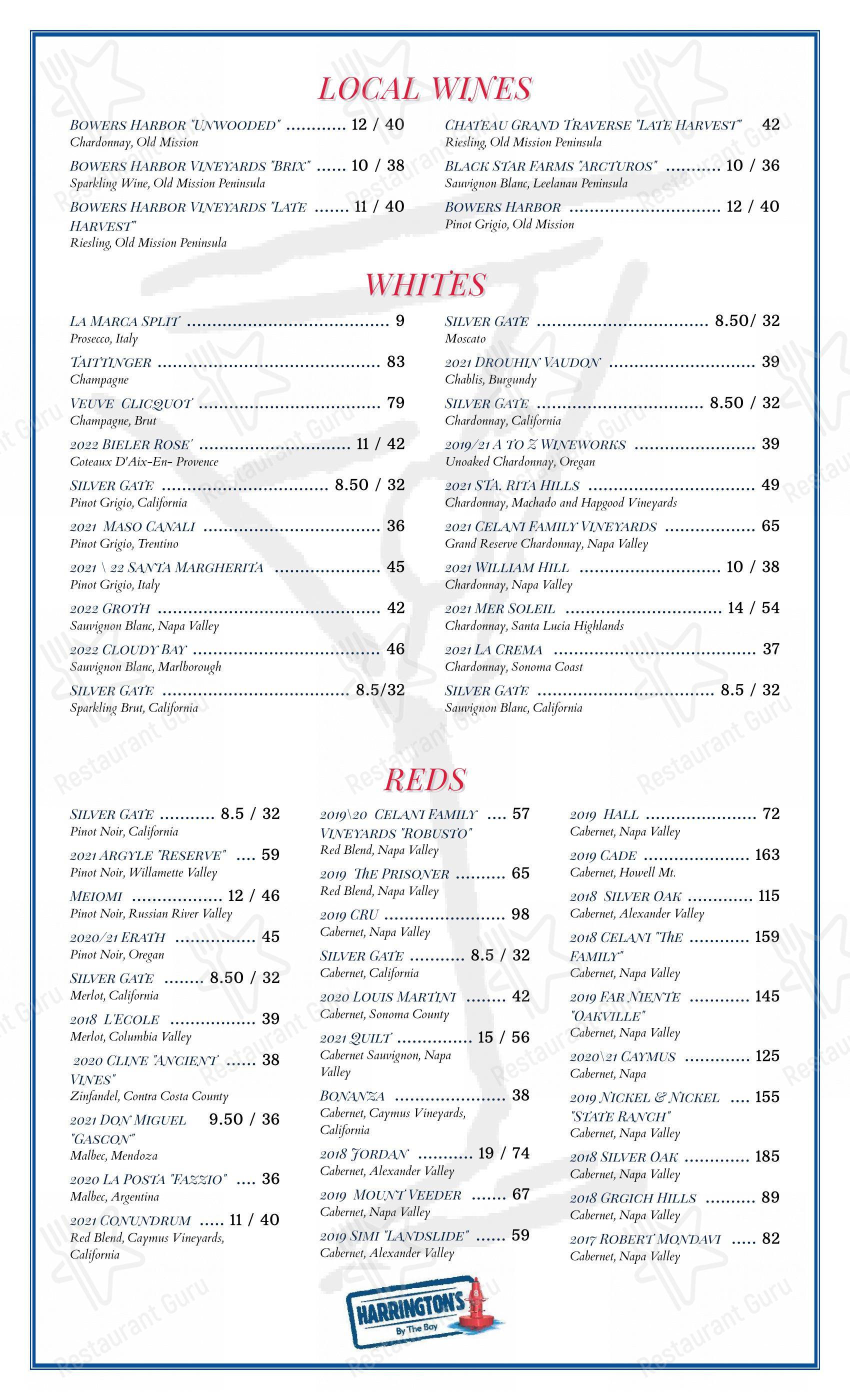 Menu at Harrington's By The Bay pub & bar, Traverse City