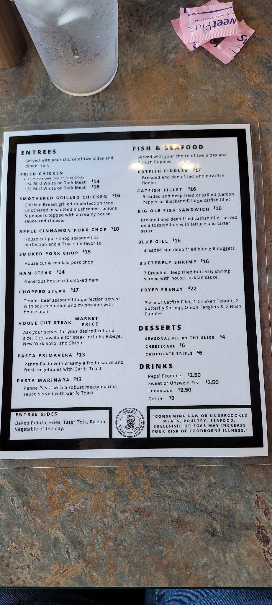 Menu at Harry's Lee's restaurant, Sumner