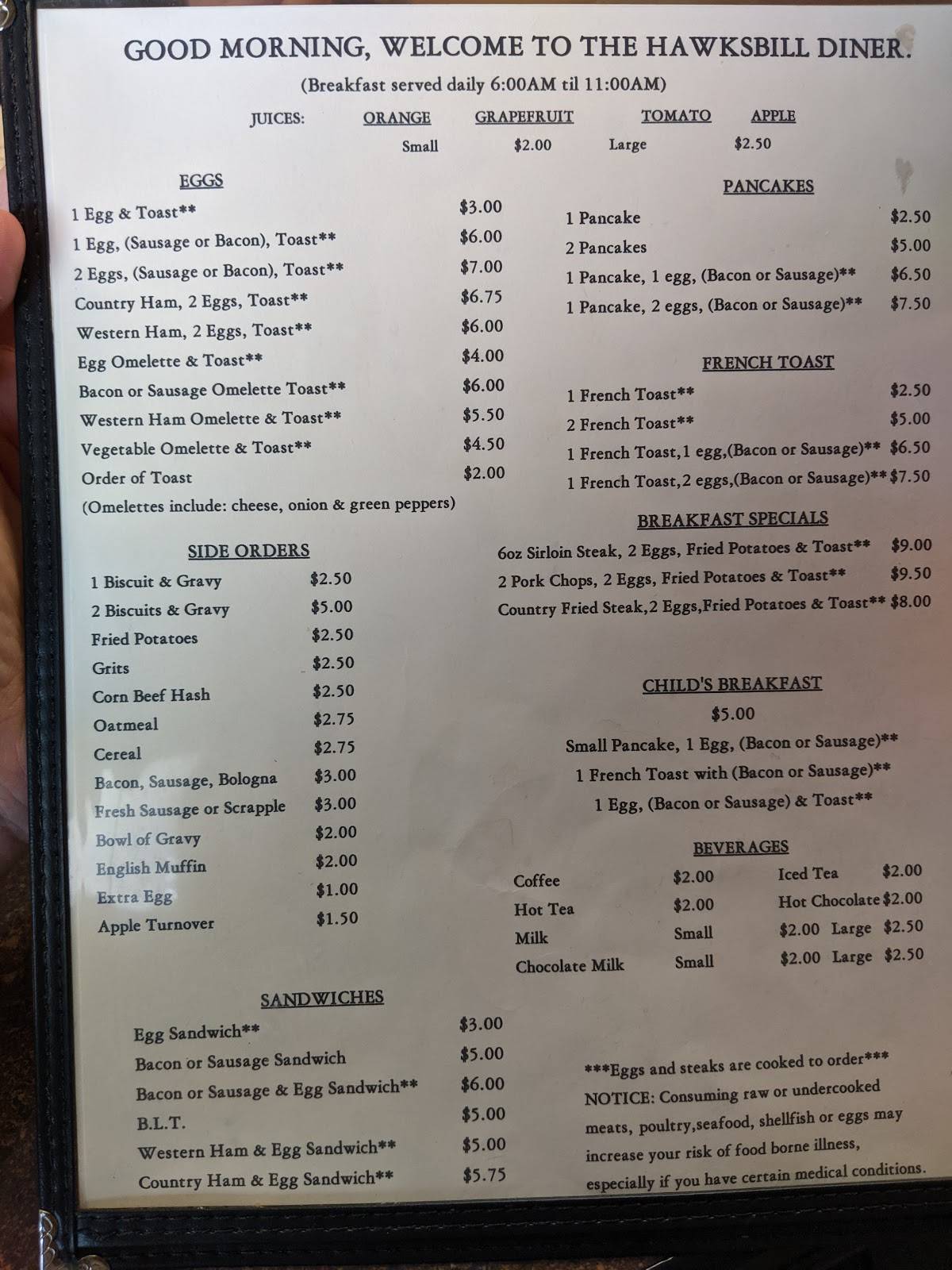 Menu at Hawksbill Diner restaurant, Stanley, E Main St