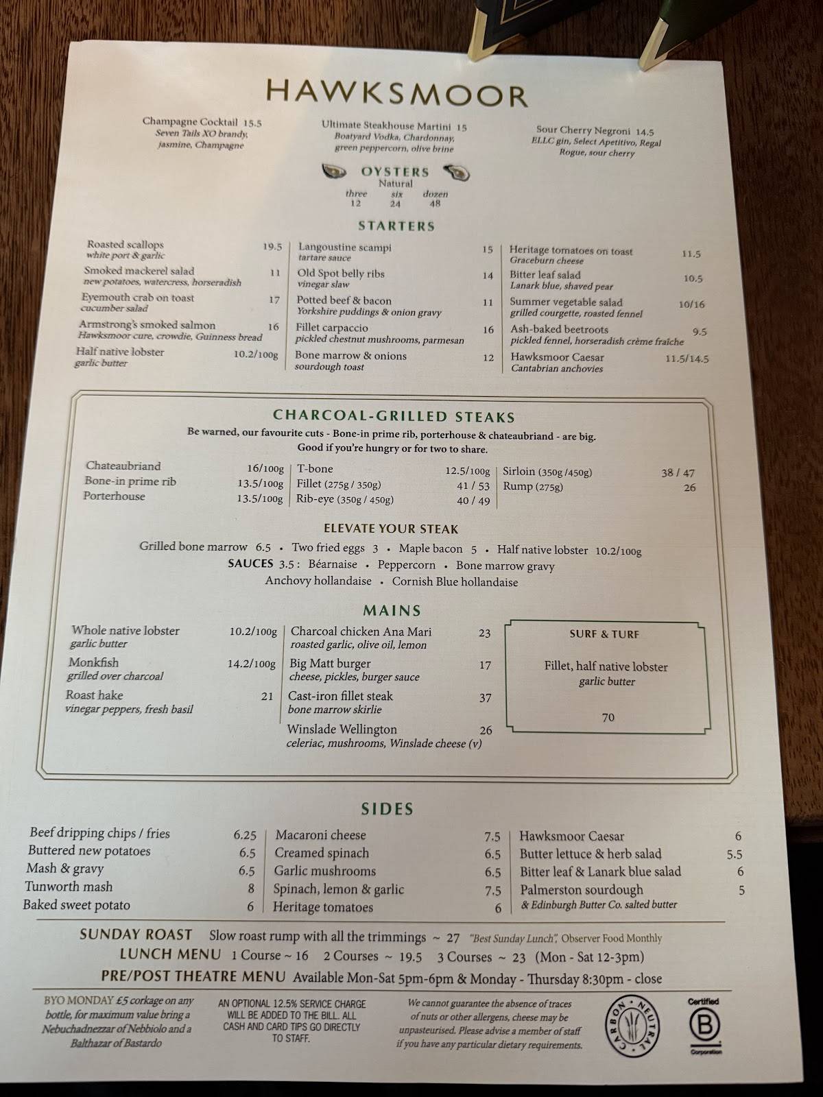 Menu at Hawksmoor Edinburgh pub & bar, Edinburgh