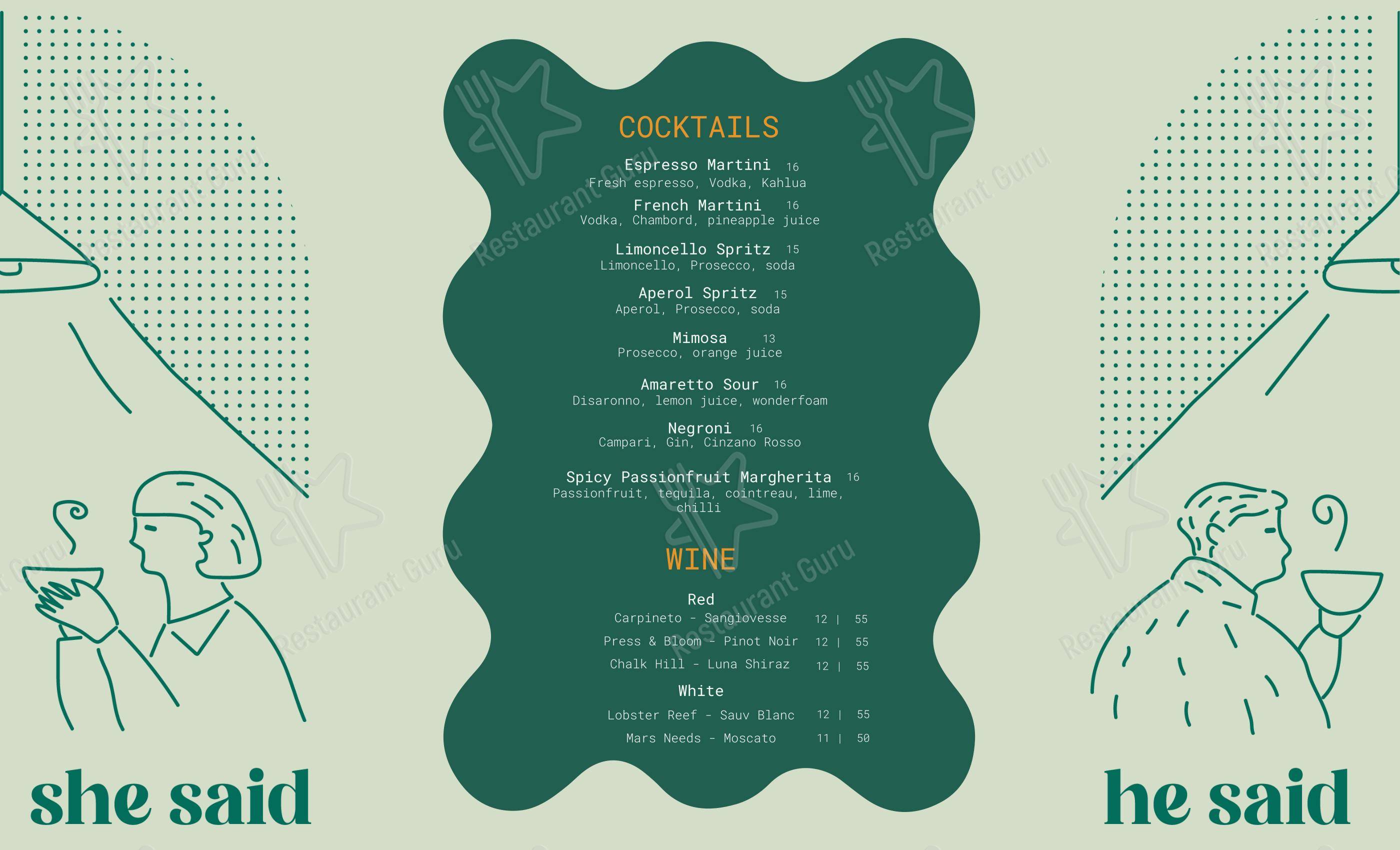 Menu at He Said She Said cafe, Hyde Park