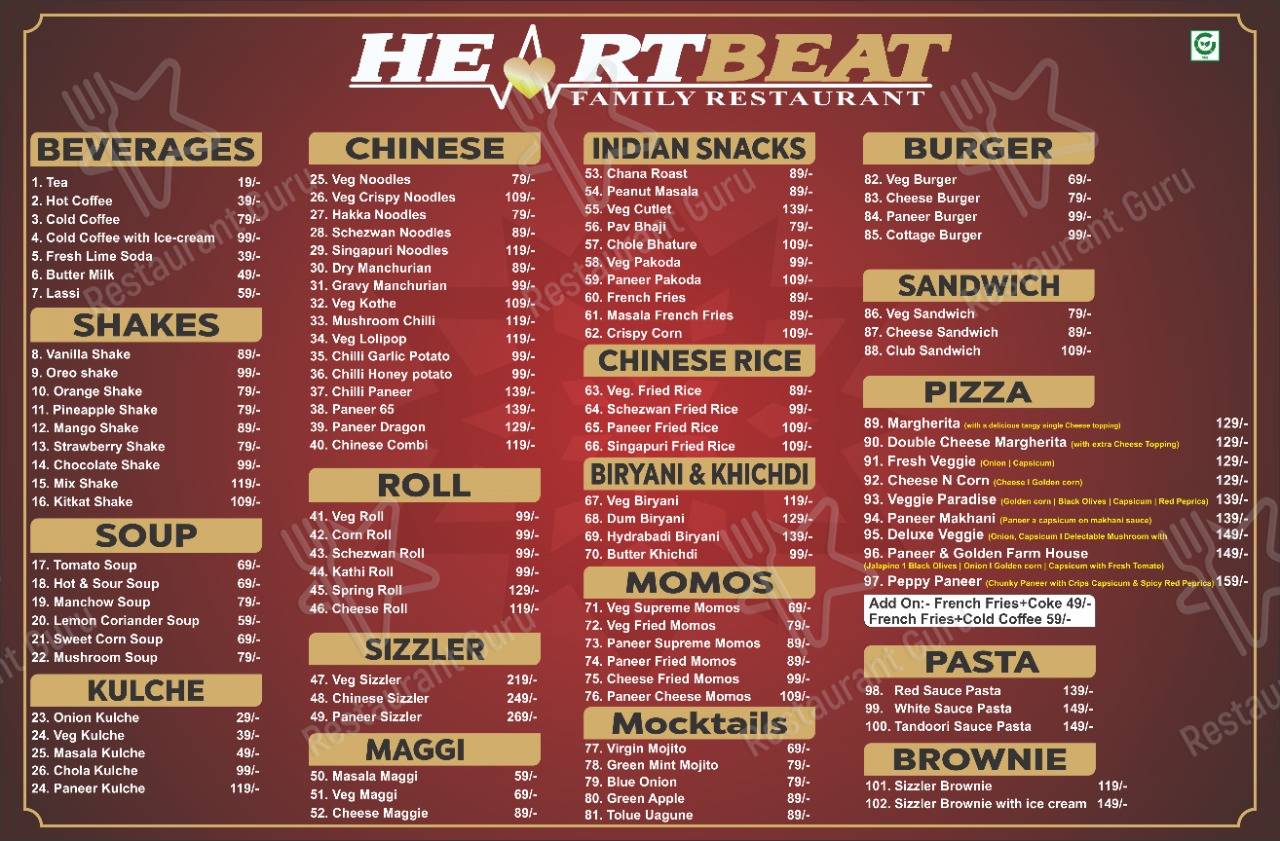 Menu at Heart Beat, Vidisha