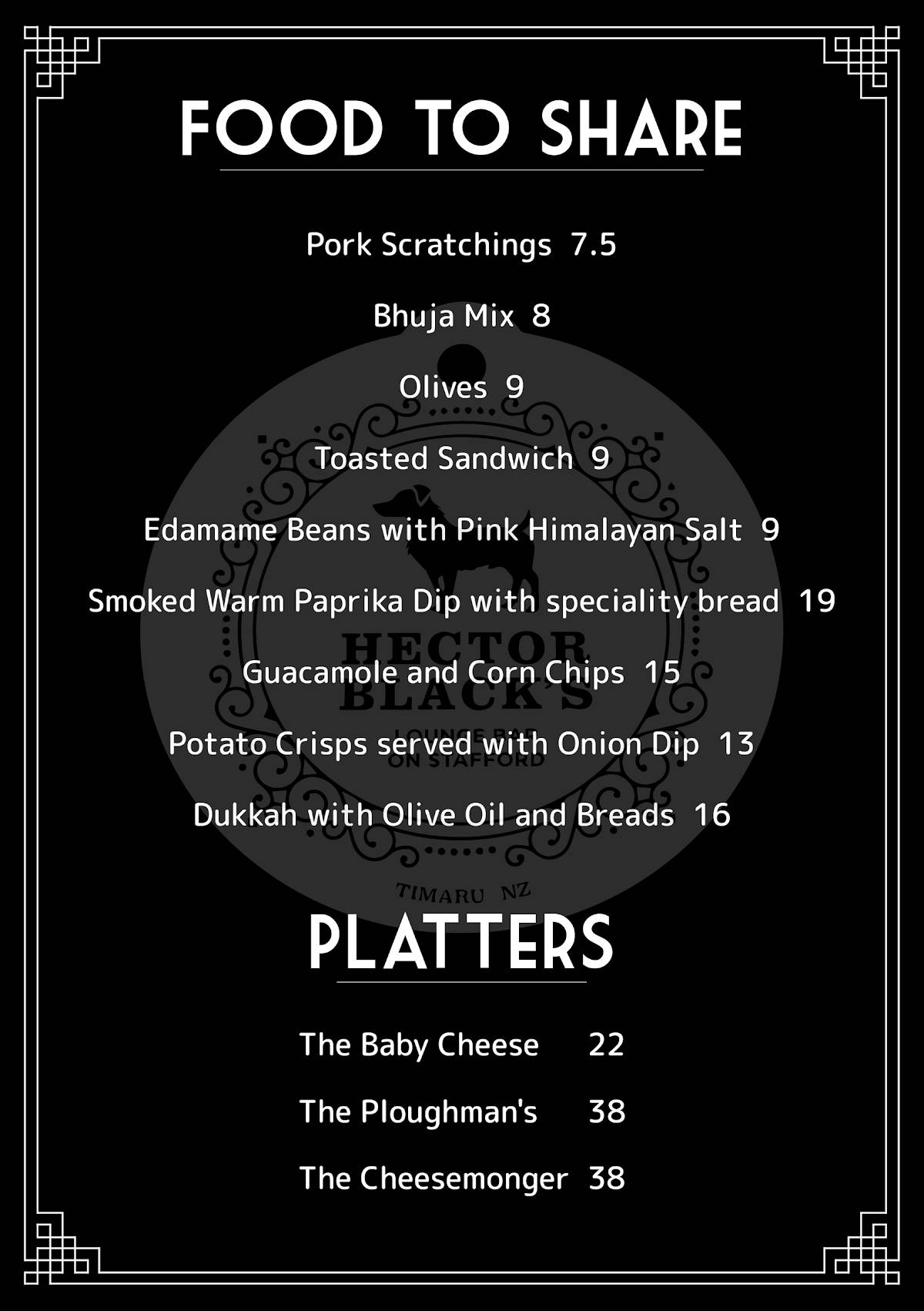 Menu at Hector Black's Lounge Bar on Stafford, Timaru