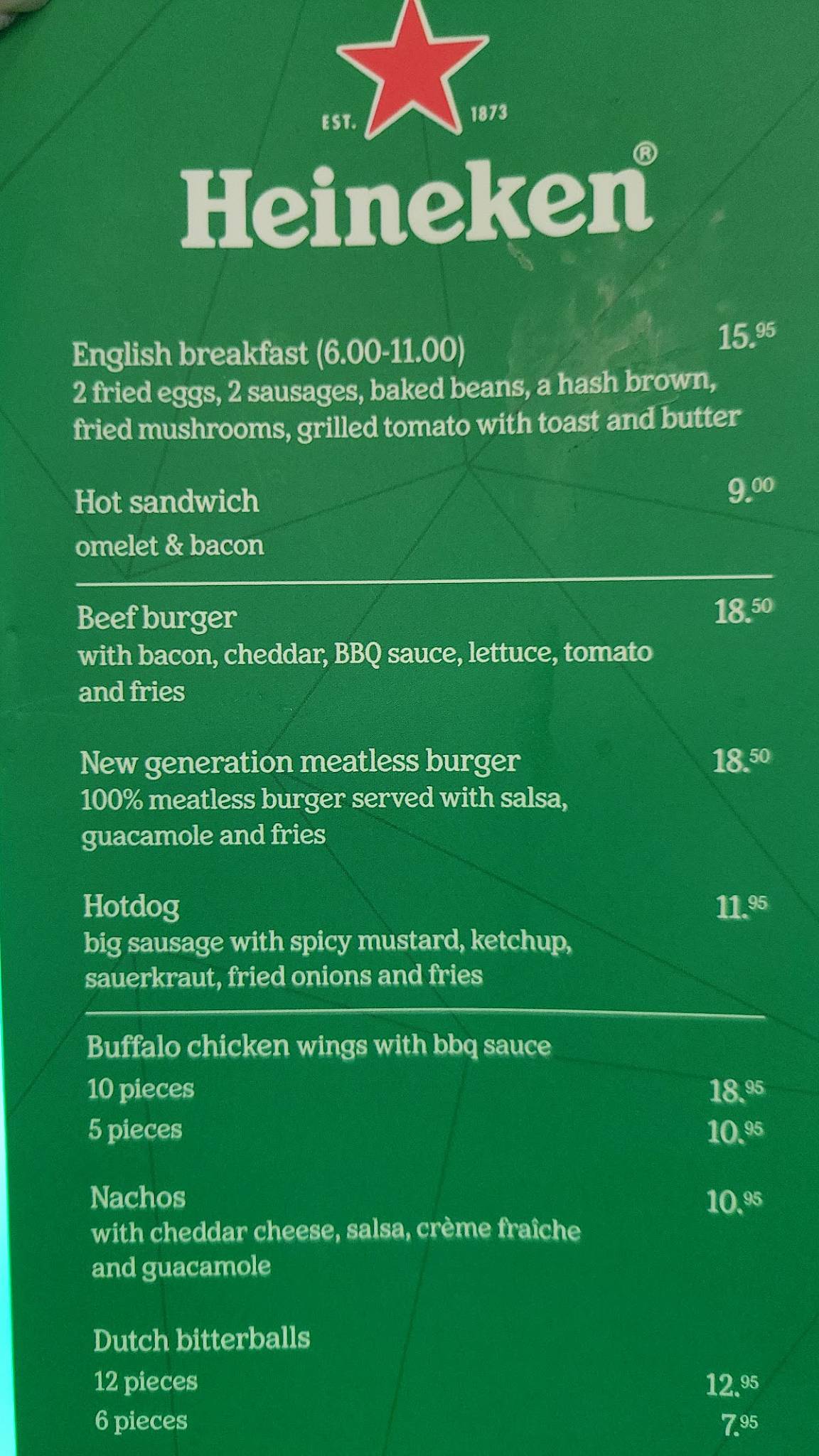 Menu at Heineken Bar, Schiphol