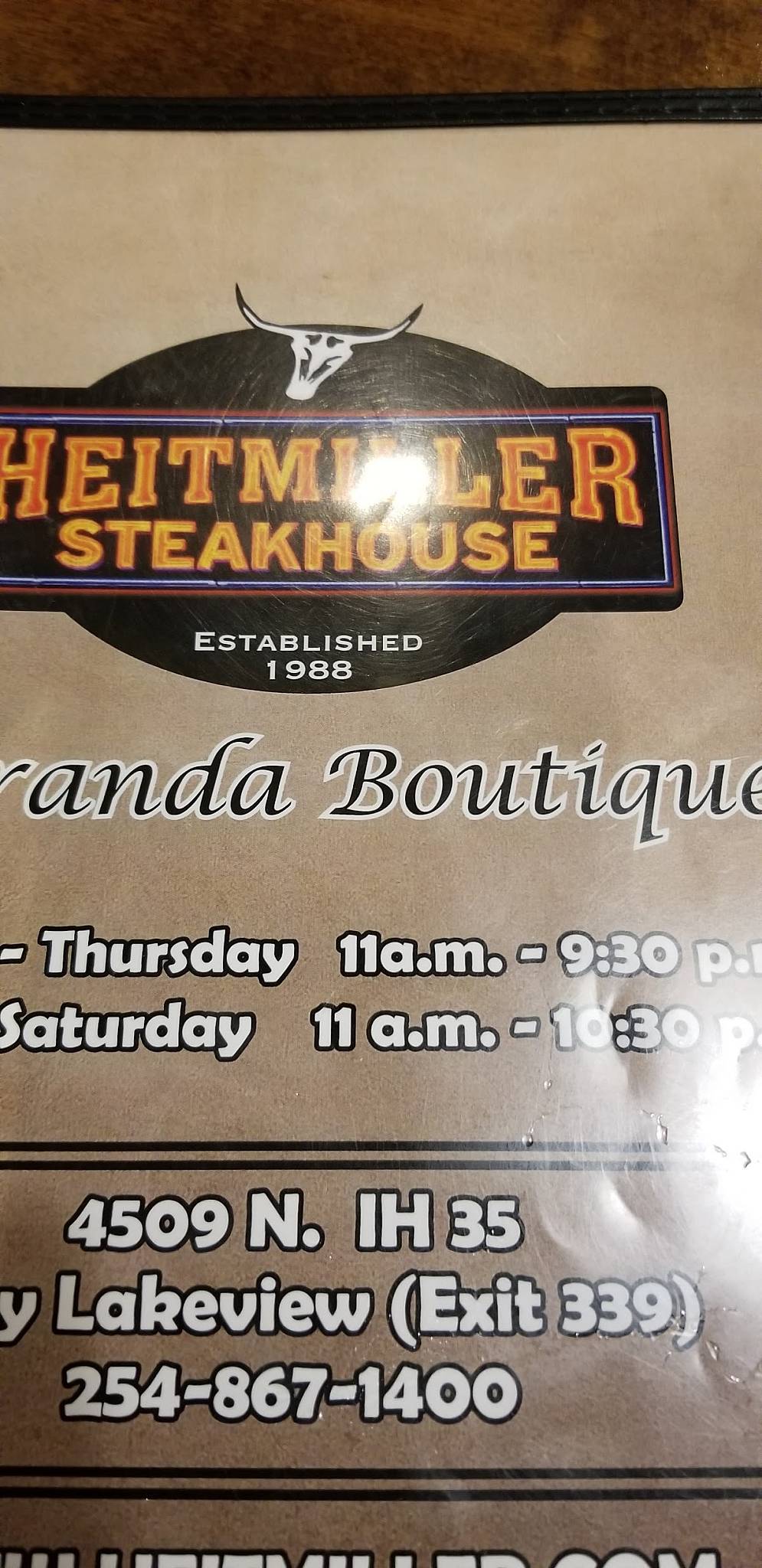 Menu at Heitmiller Steakhouse, Lacy Lakeview, I 35 N Frontage Rd