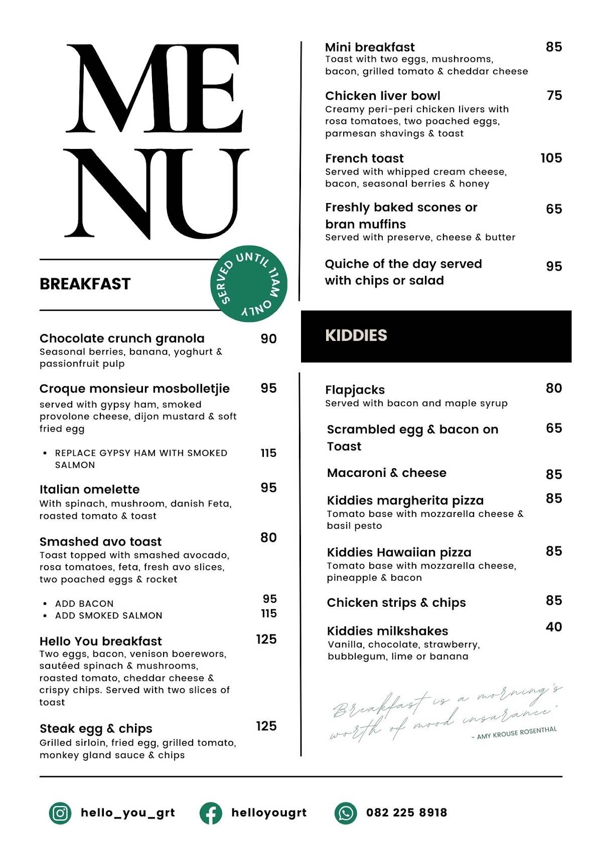 Menu at Hello You Restaurant, Graaff-Reinet