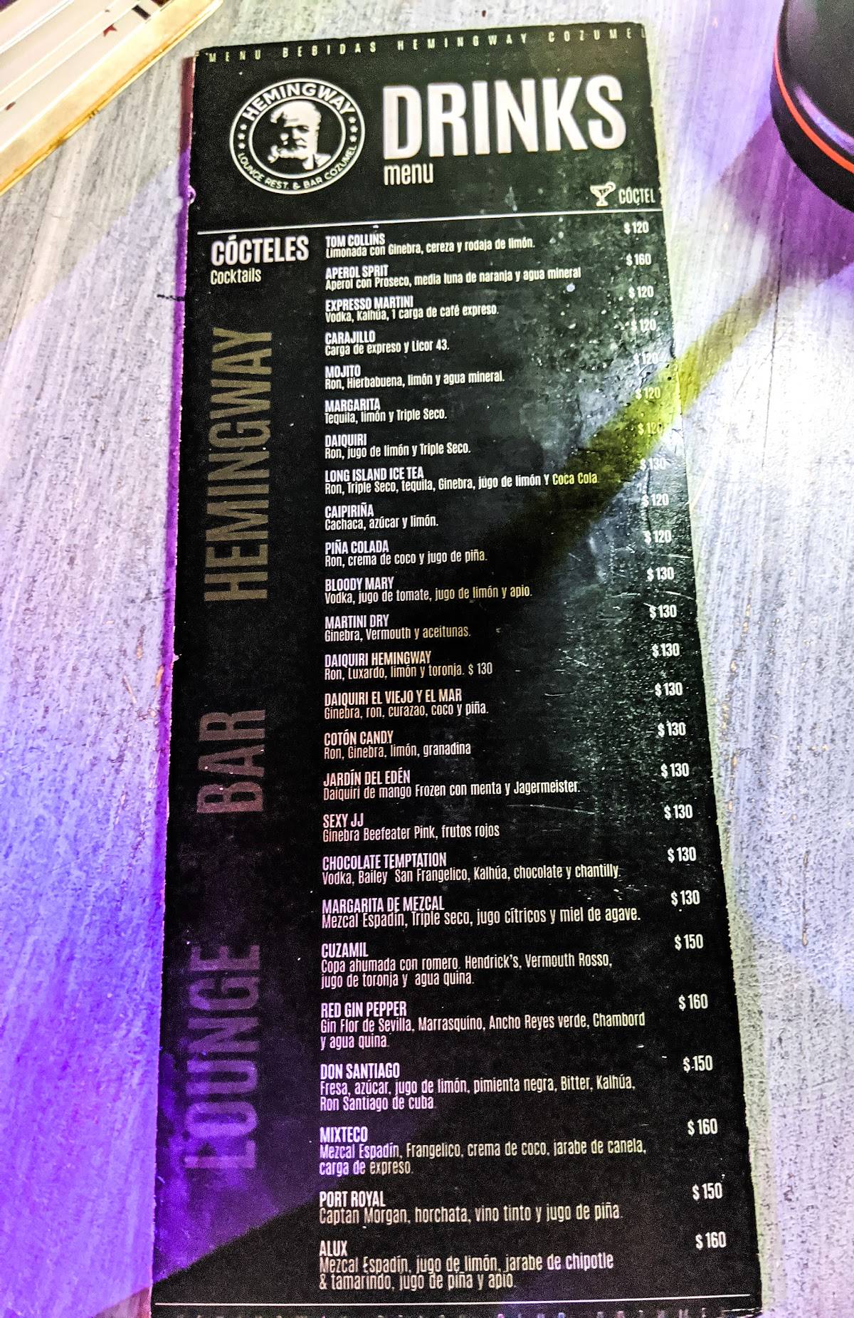 Menu at Hemingway Restaurant Beach & Nightclub Cozumel, San Miguel de ...