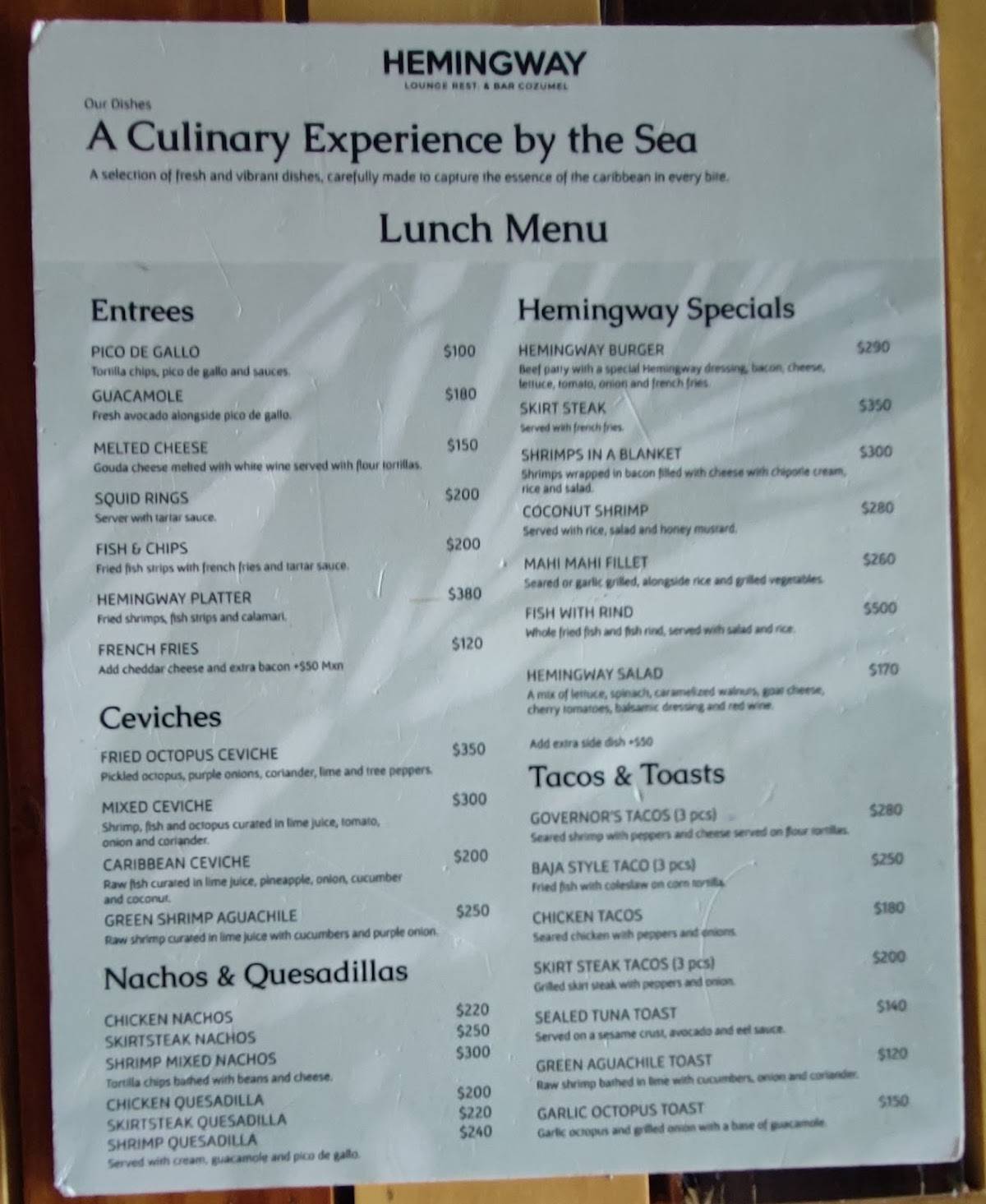 Menu at Hemingway Restaurant Beach & Nightclub Cozumel, San Miguel de ...