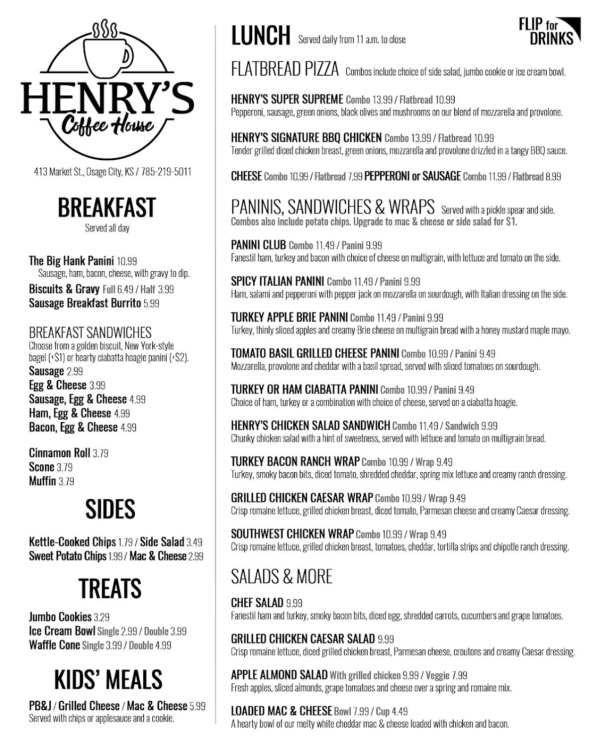 Carta de Henry's Coffee House, Osage City