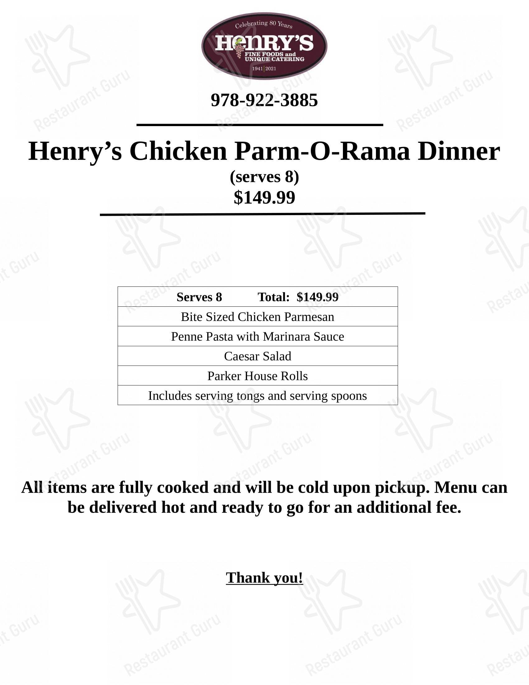 Menu at Henry's Market restaurant, Beverly