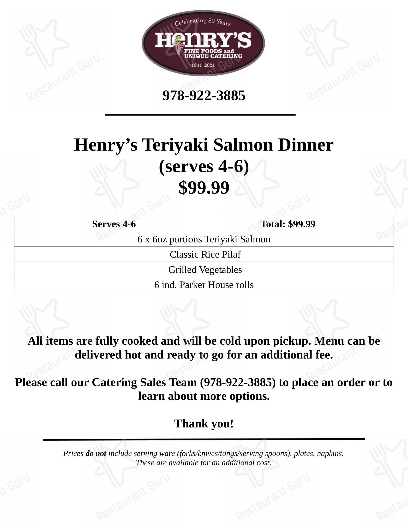 Menu at Henry's Market restaurant, Beverly