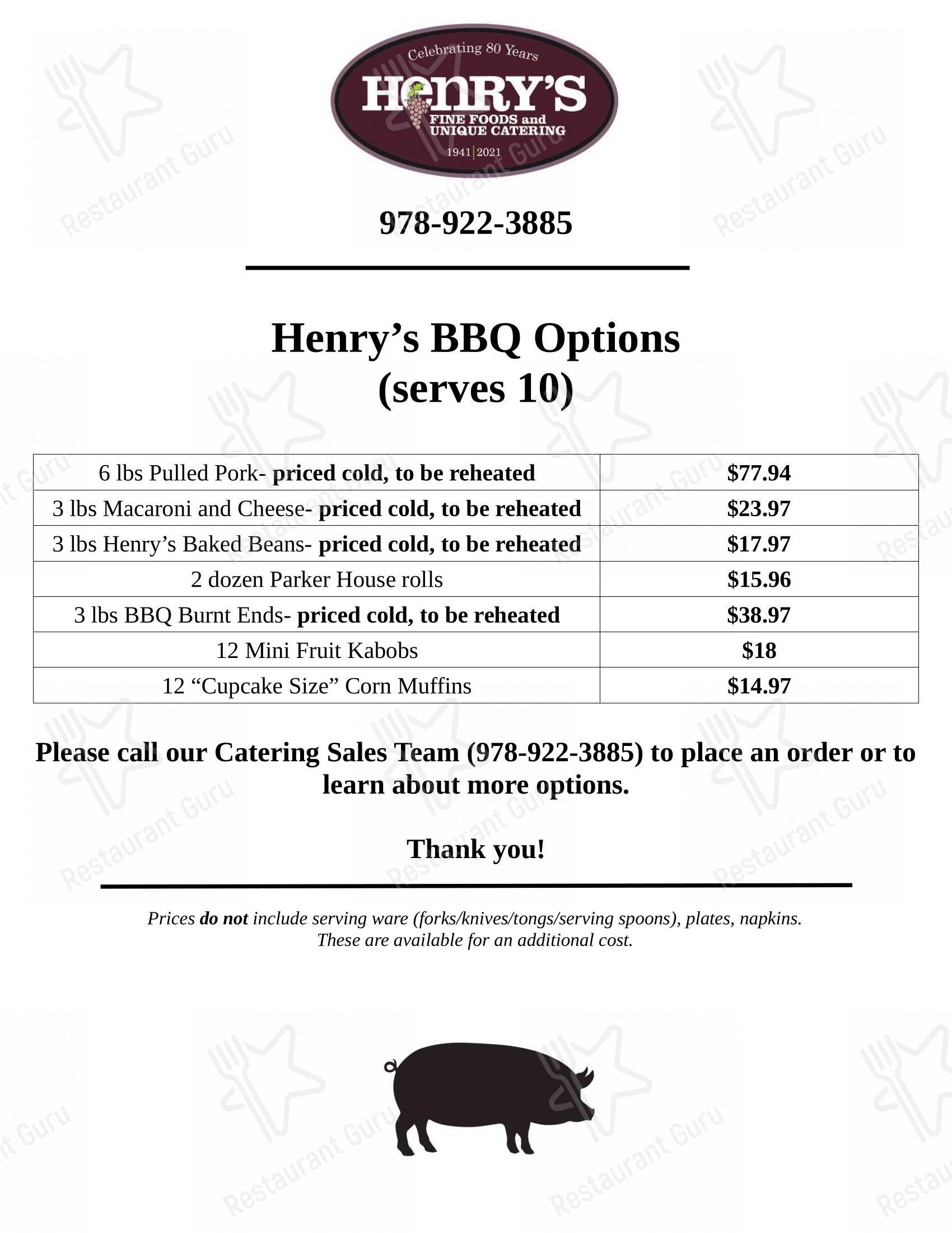 Menu at Henry's Market restaurant, Beverly