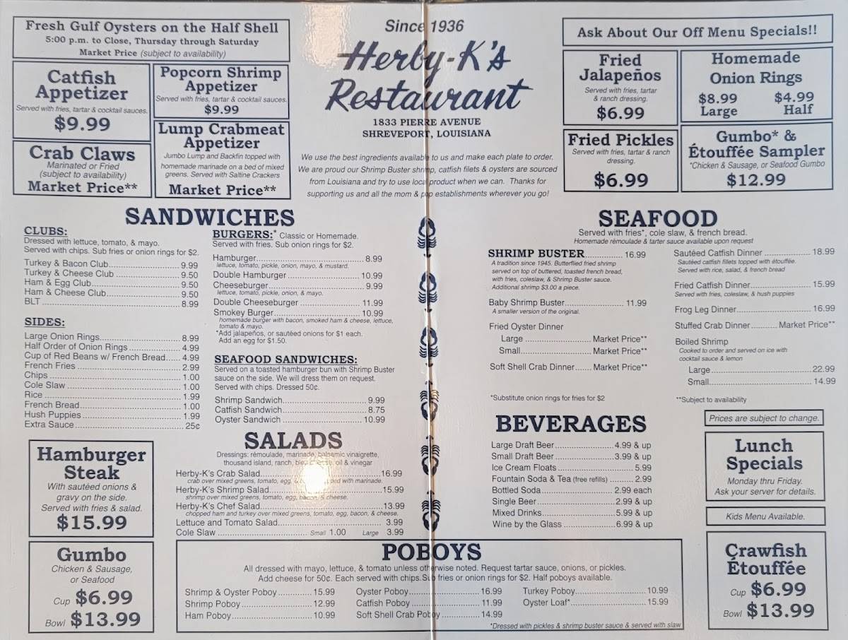 Menu at Herby-K's restaurant, Shreveport