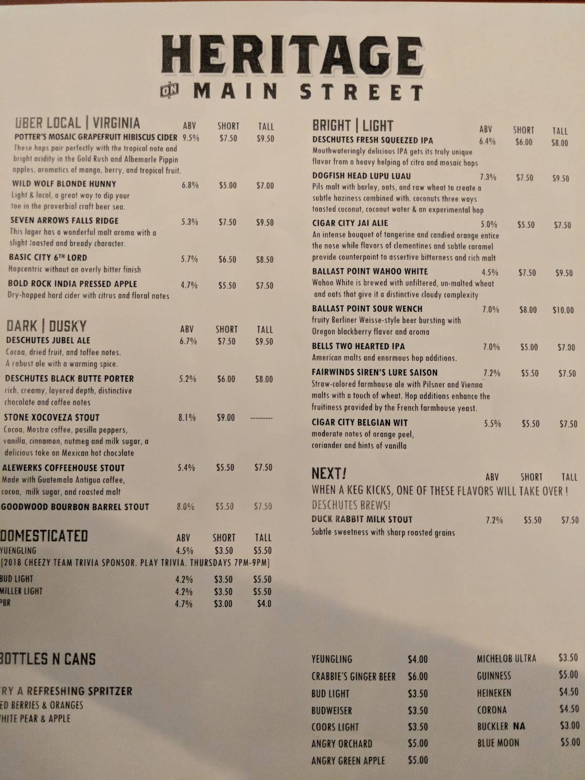 Menu at Heritage On Main Street pub & bar, Waynesboro