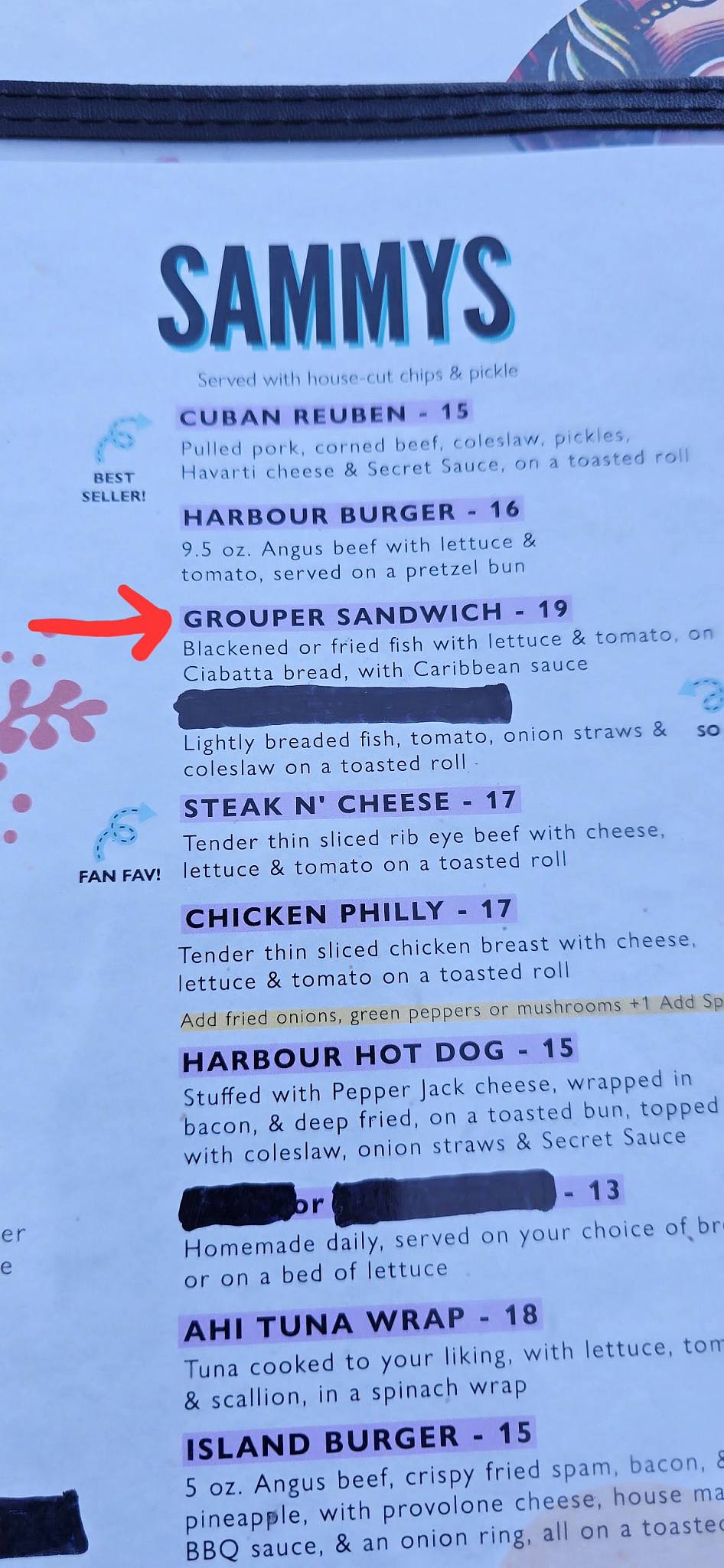 Menu at Hidden Harbour restaurant, Lusby