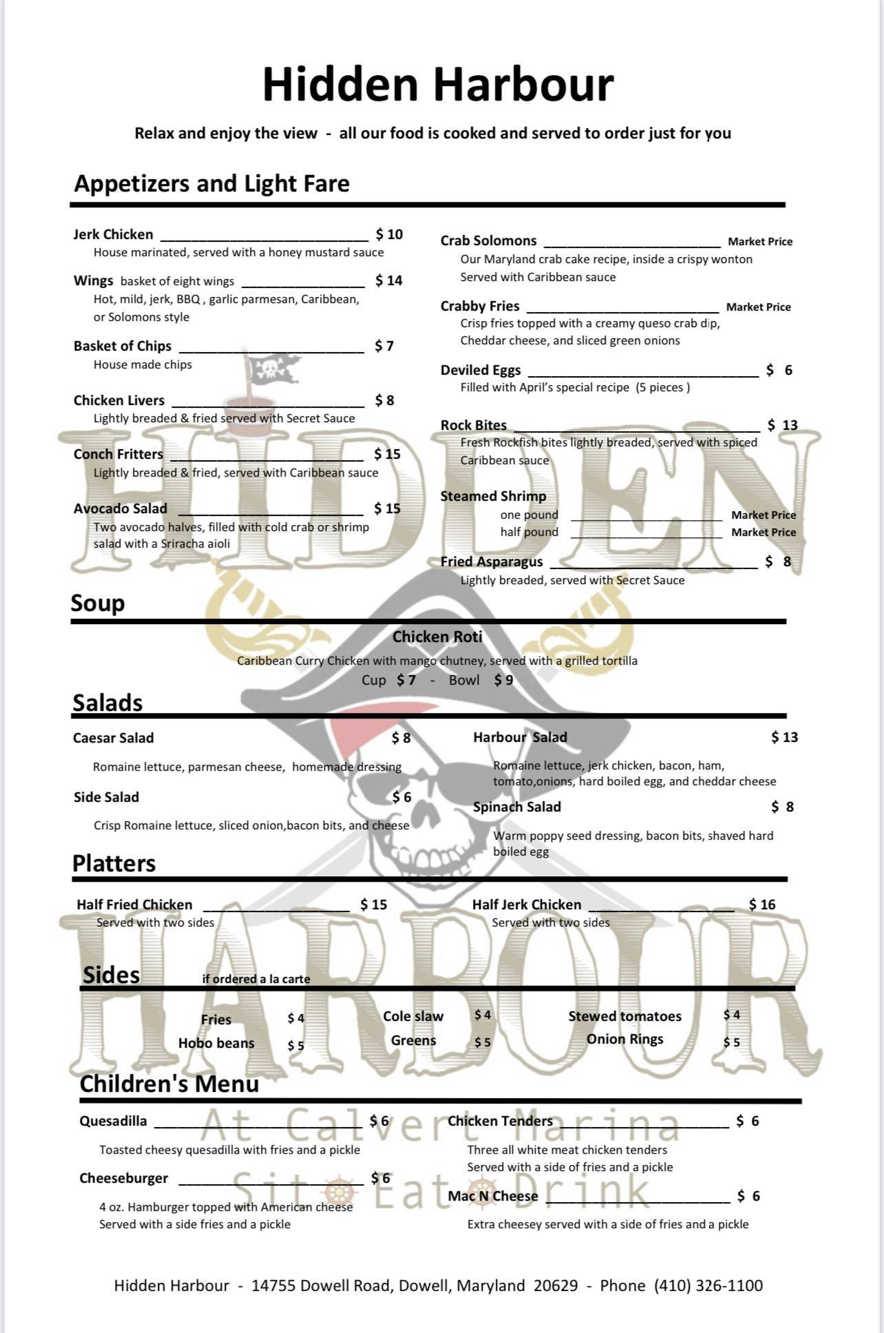 Menu at Hidden Harbour restaurant, Solomons
