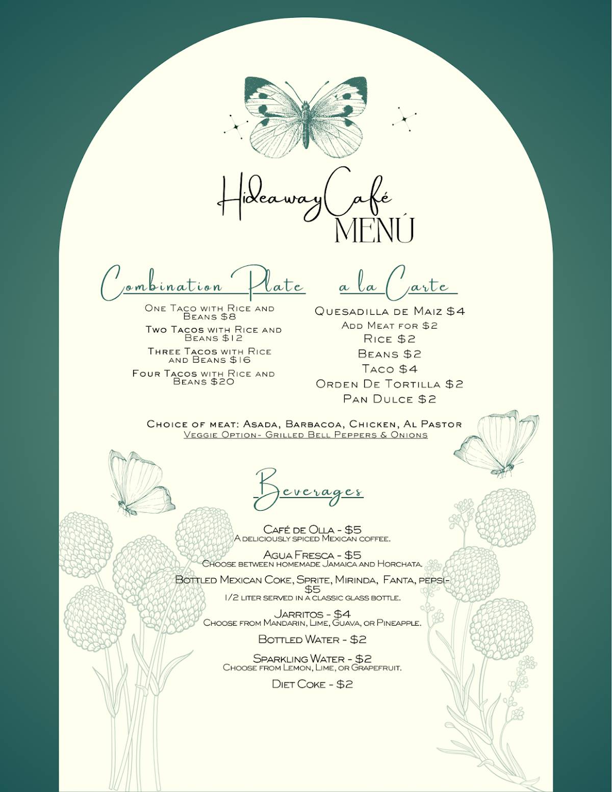 Menu at Hideaway Café restaurant, Los Angeles, Little Tujunga Canyon Rd