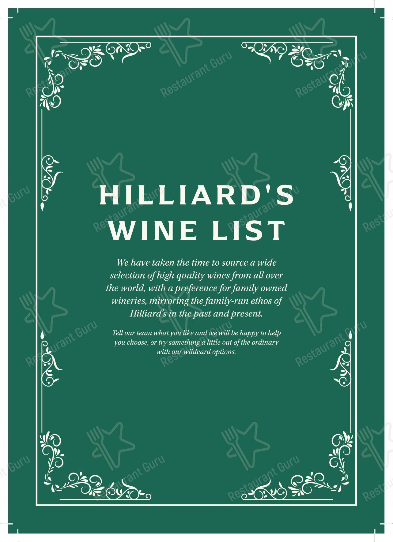 Menu at Hilliard's Killarney restaurant, Killarney