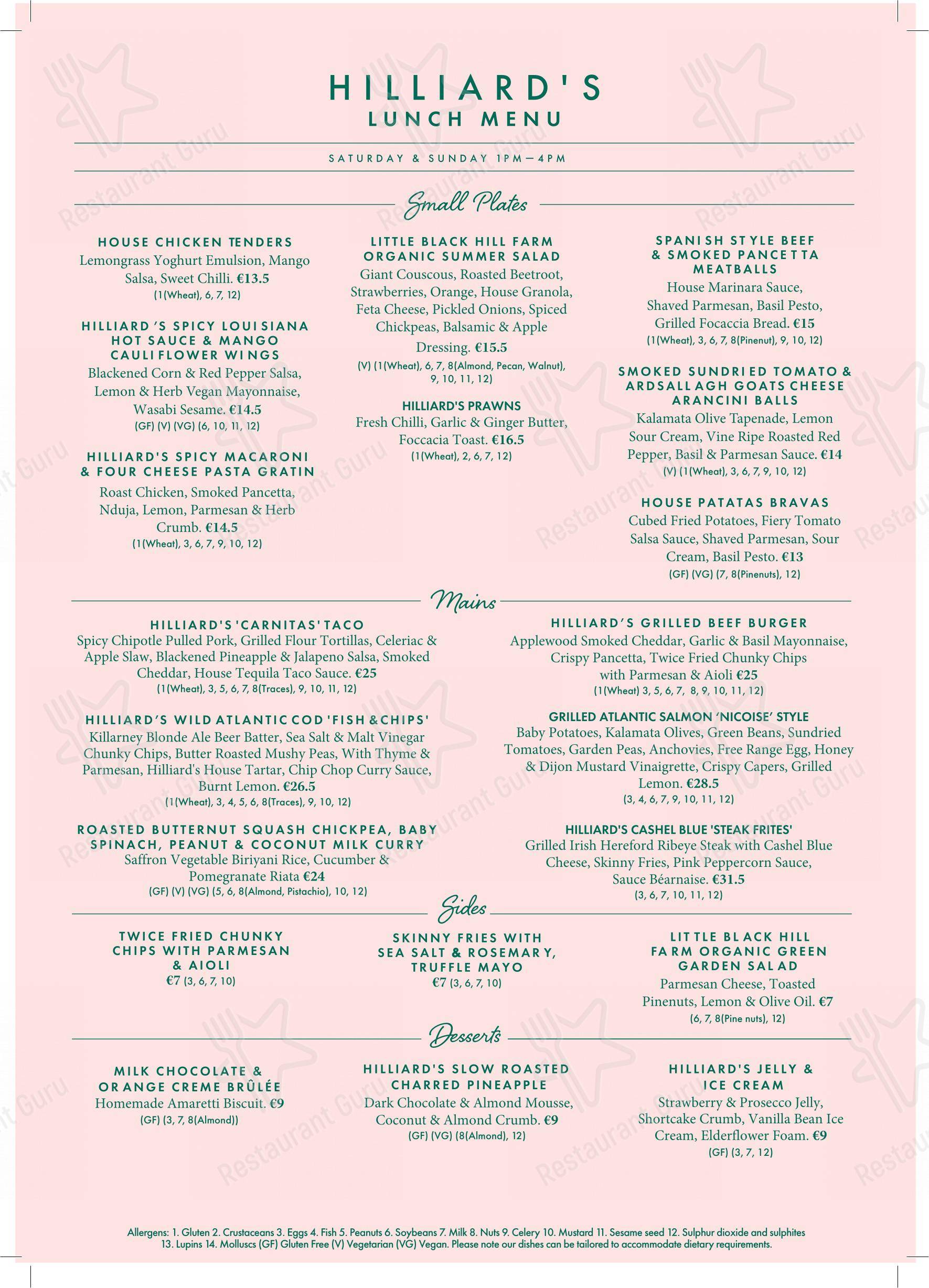 Menu at Hilliard's Killarney restaurant, Killarney