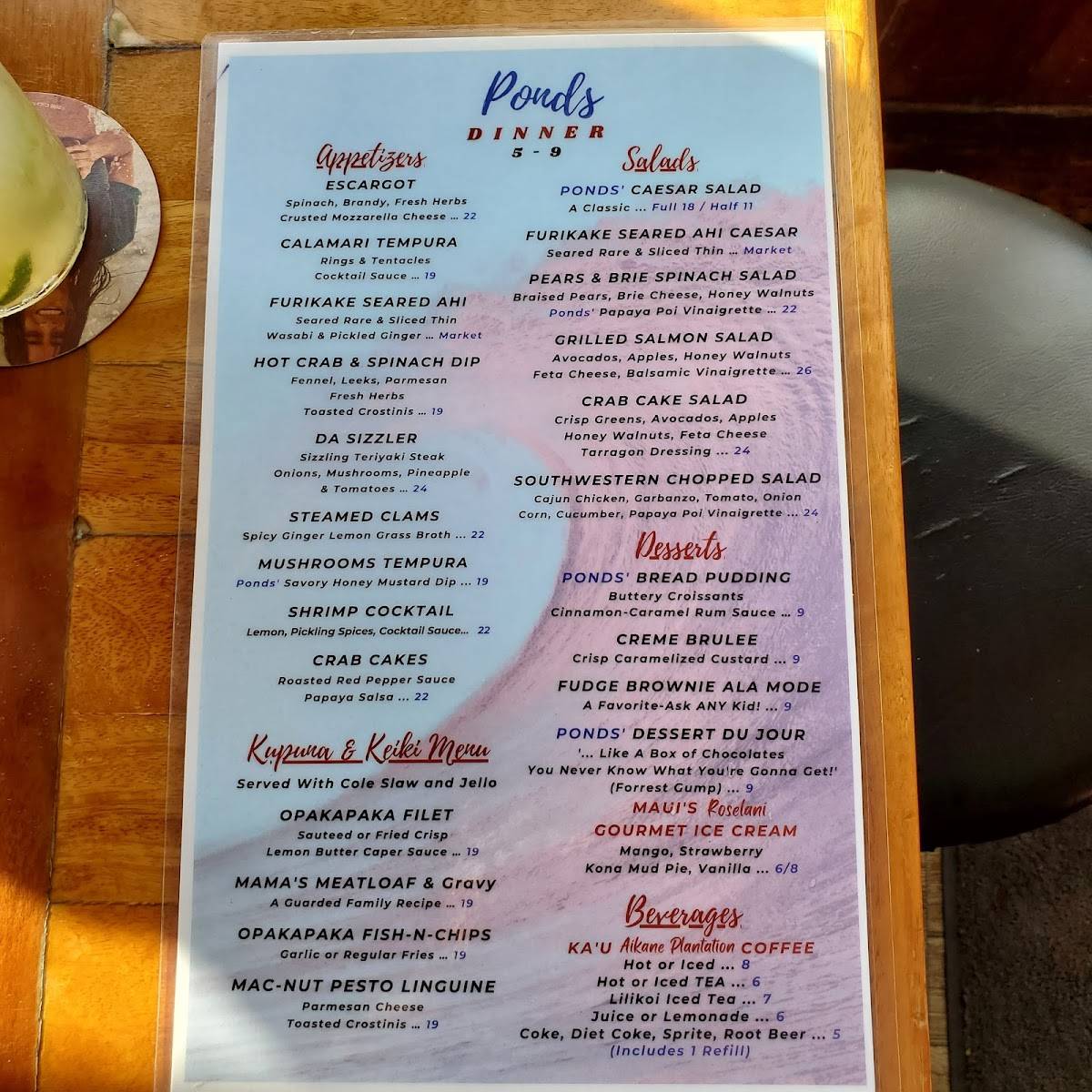 Menu at Ponds Hilo restaurant, Hilo
