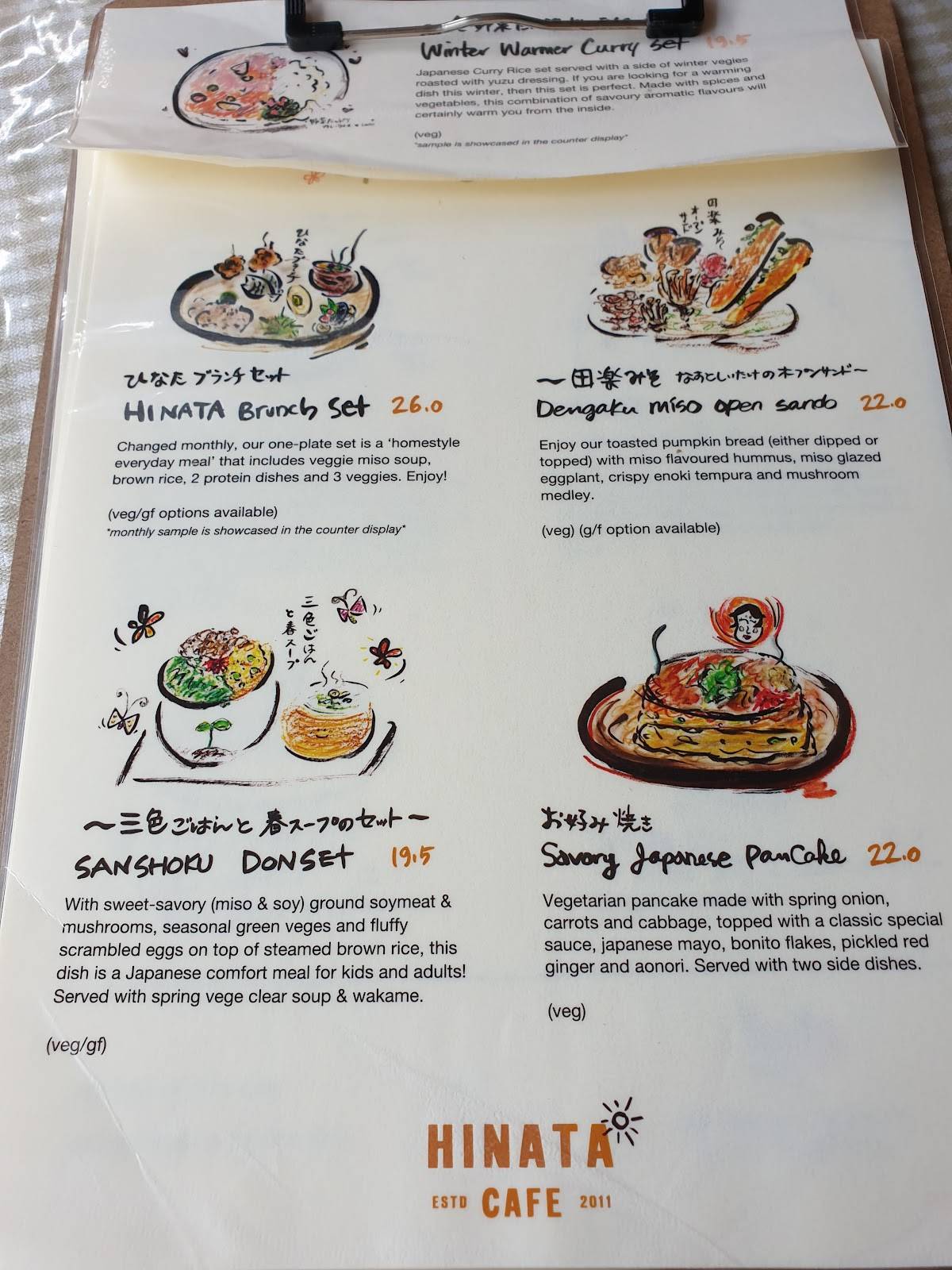 Menu at Hinata Cafe, Fremantle