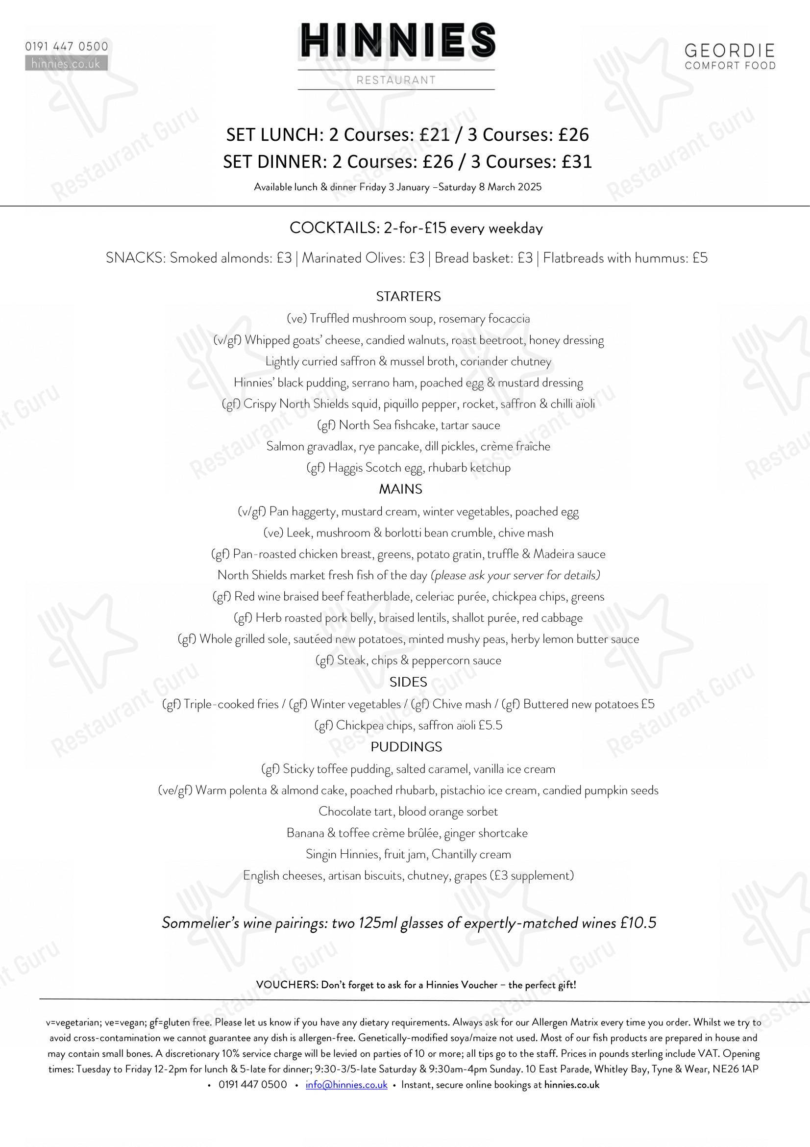 Menu at Hinnies Restaurant, Whitley Bay