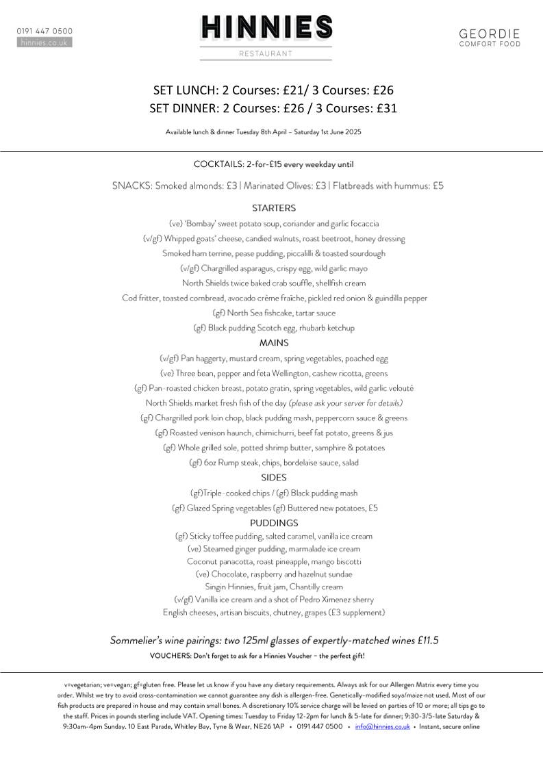 Menu at Hinnies Restaurant, Whitley Bay