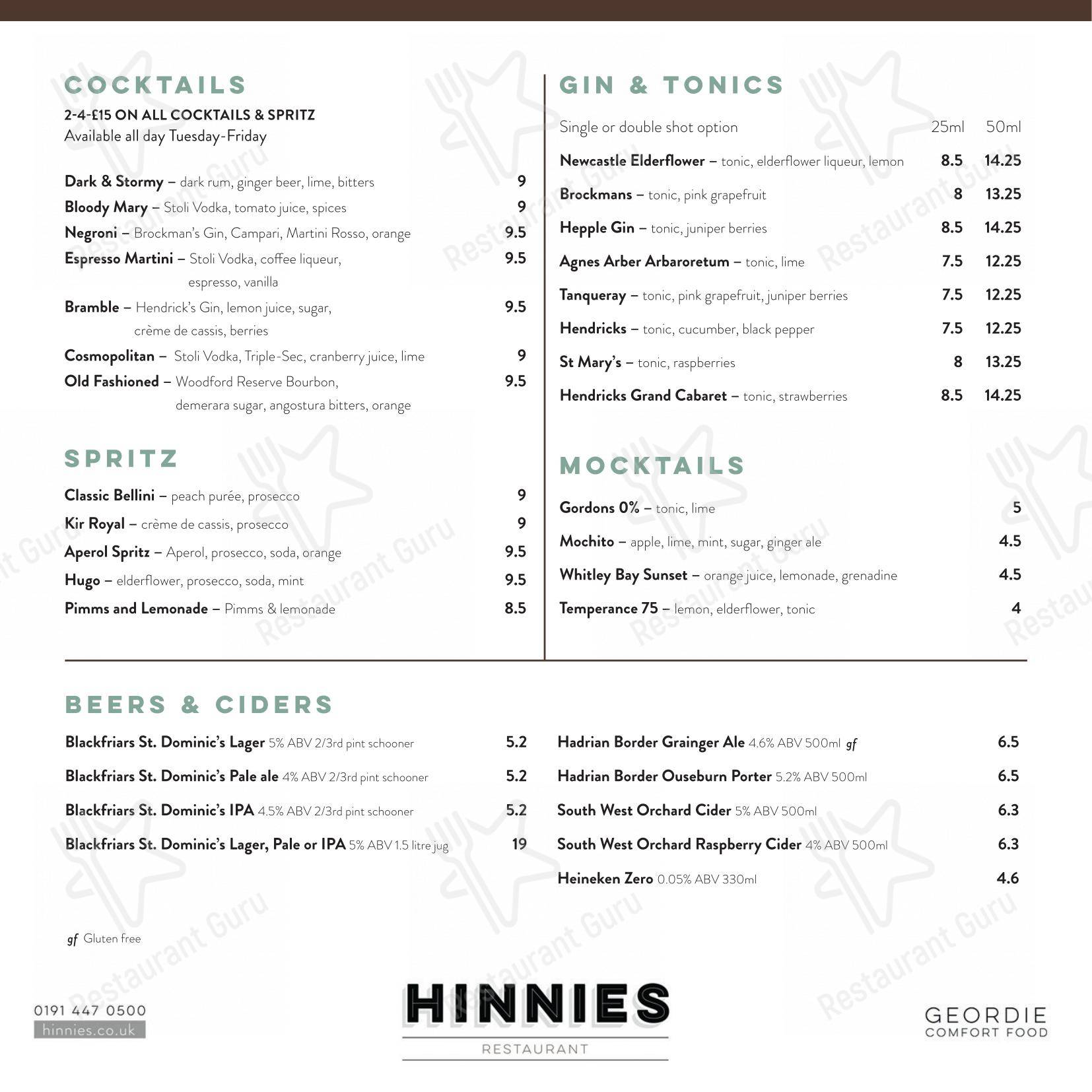 Menu at Hinnies Restaurant, Whitley Bay
