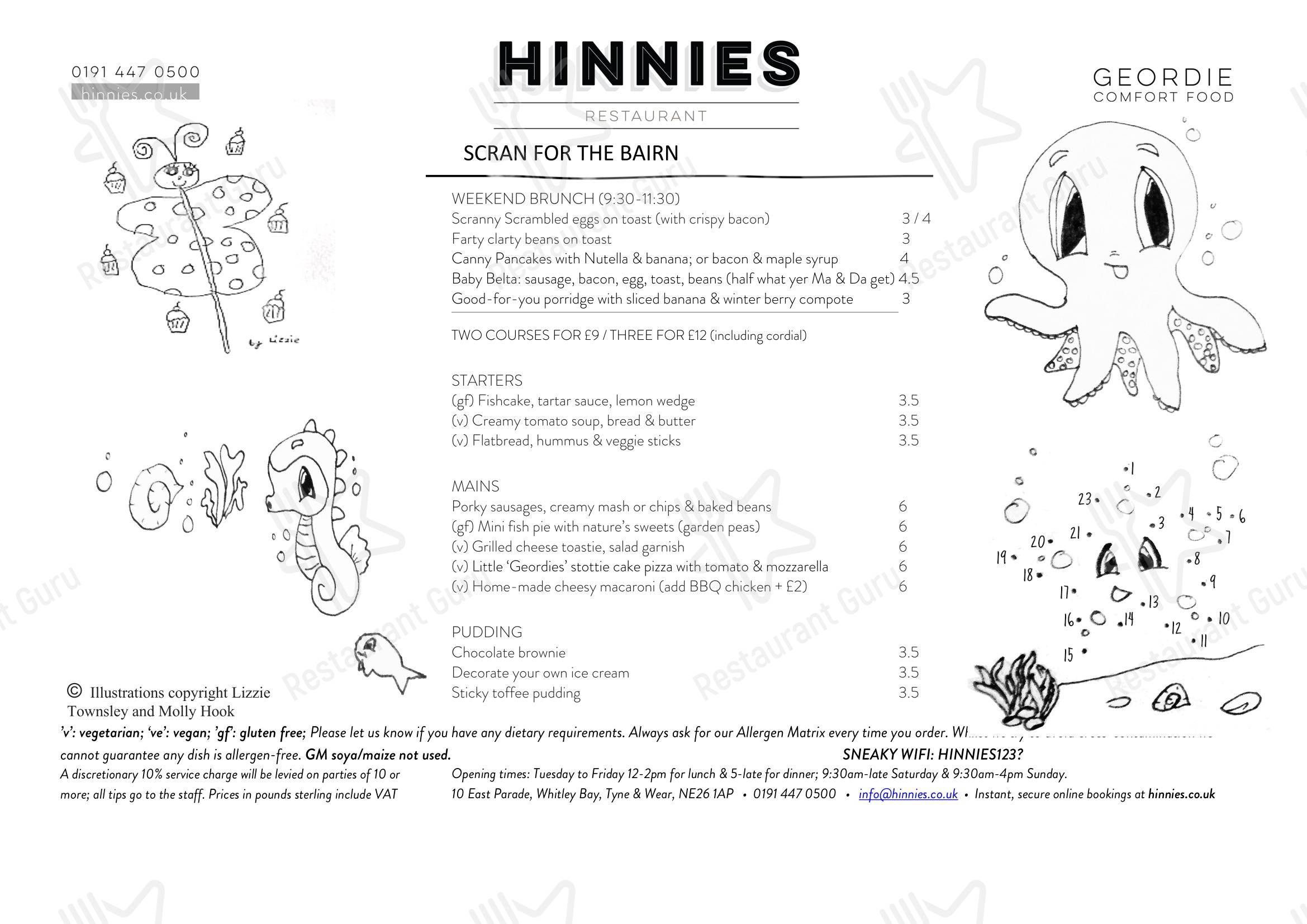Menu at Hinnies Restaurant, Whitley Bay