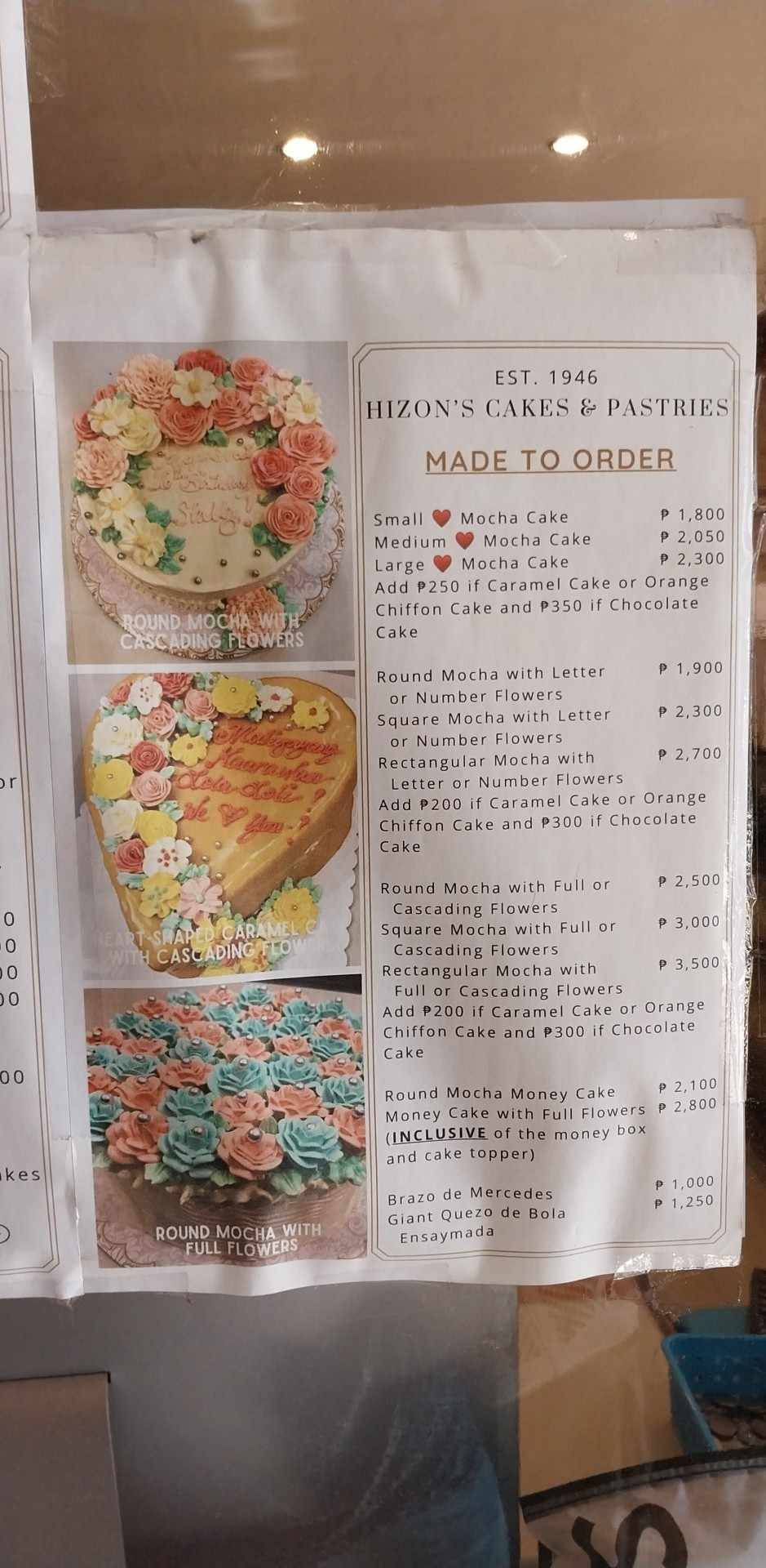 Menu at Hizon's Cakes and Pastries cafe, Manila, J Bocobo