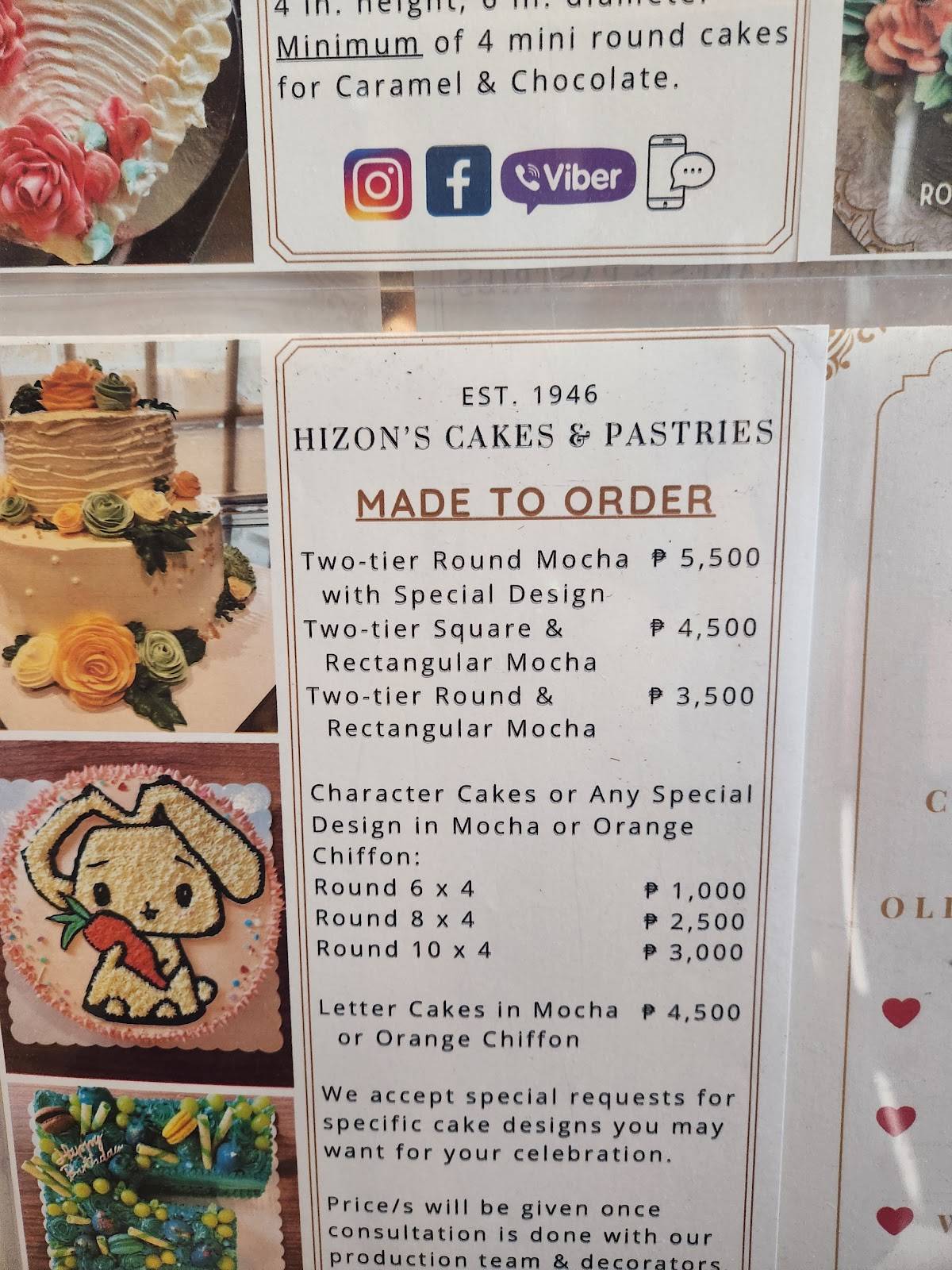 Menu at Hizon's Cakes and Pastries cafe, Manila, J Bocobo