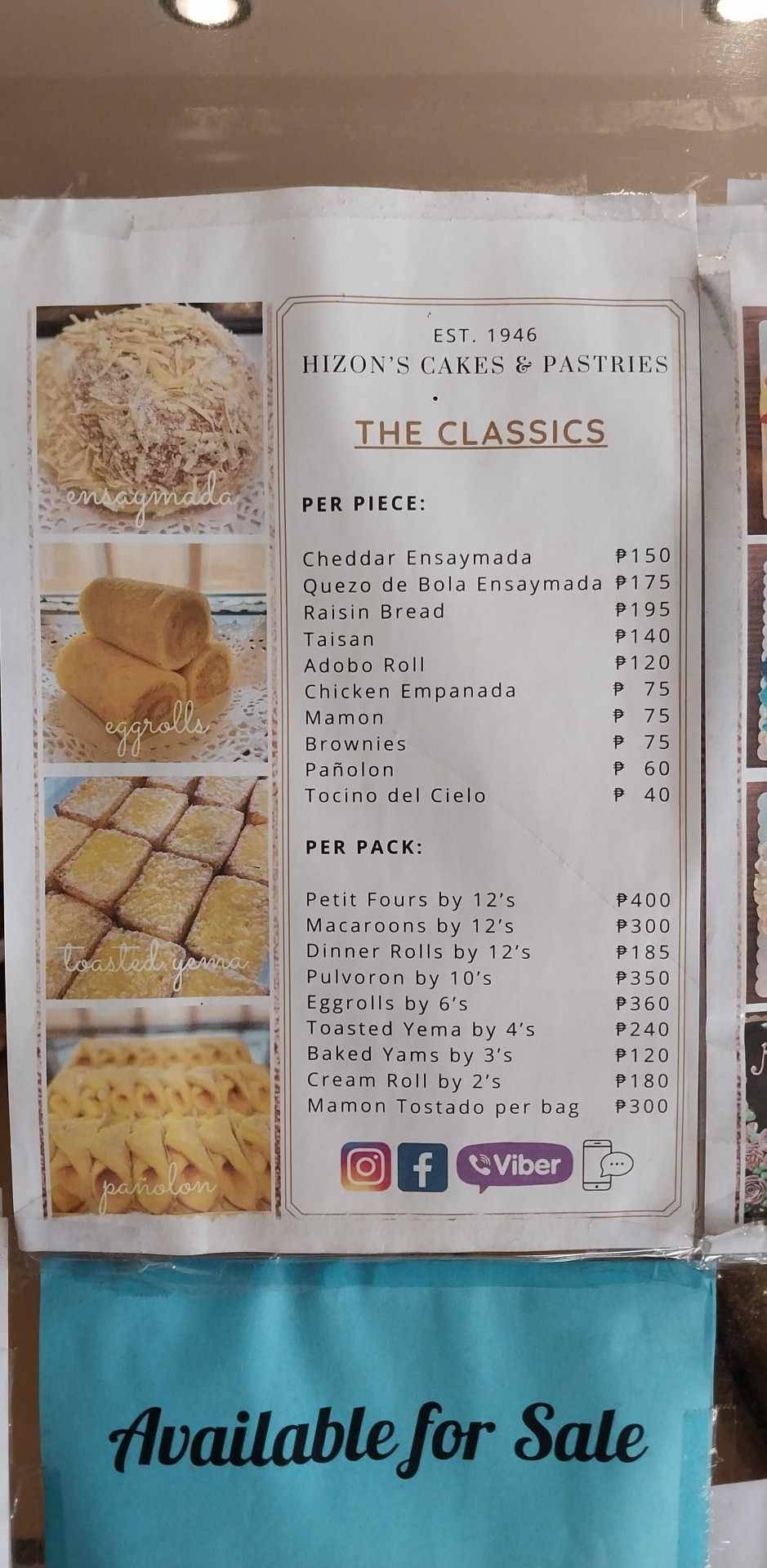 Menu at Hizon's Cakes and Pastries cafe, Manila, J Bocobo