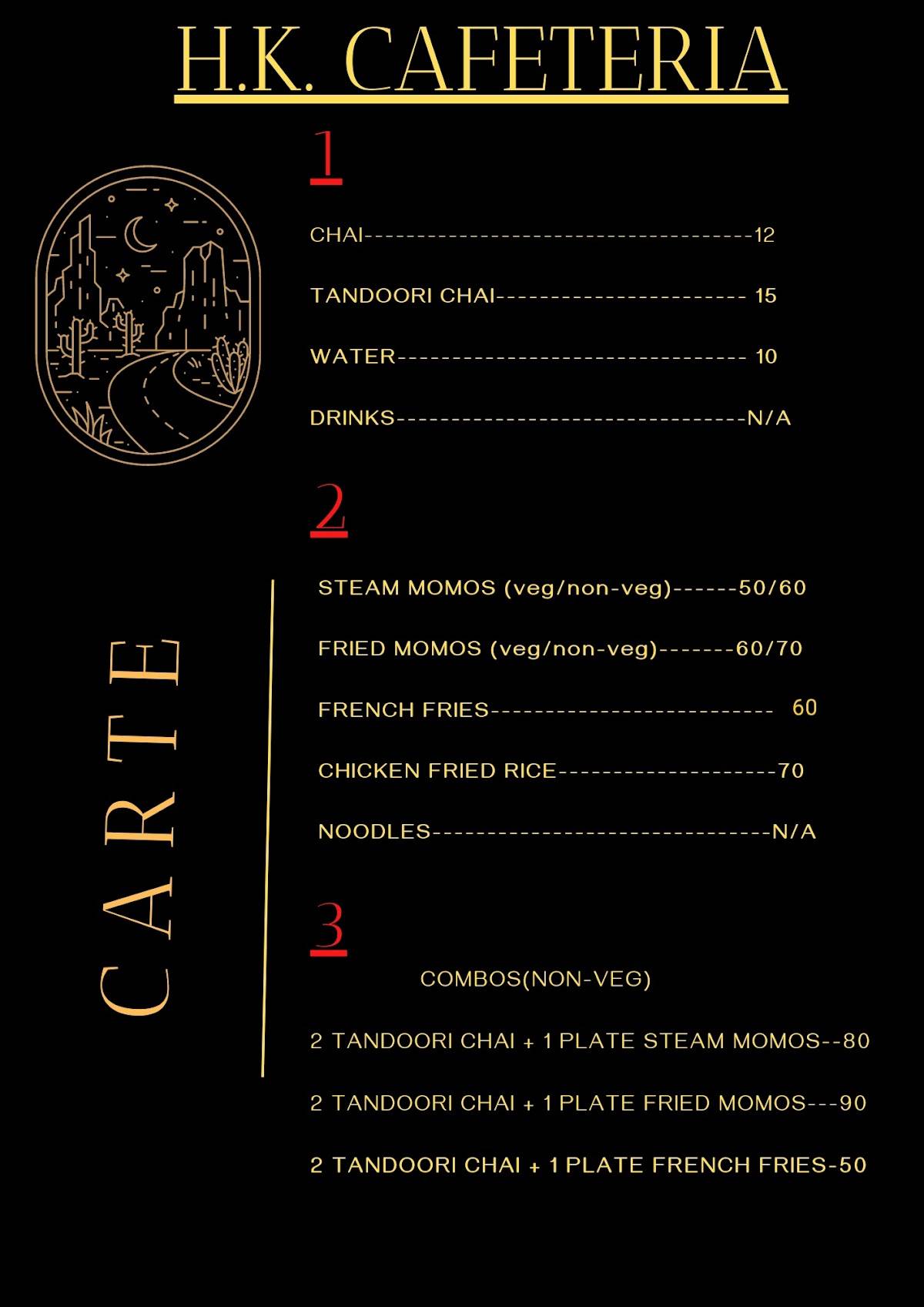 Menu at Hk cafeteria, New Delhi