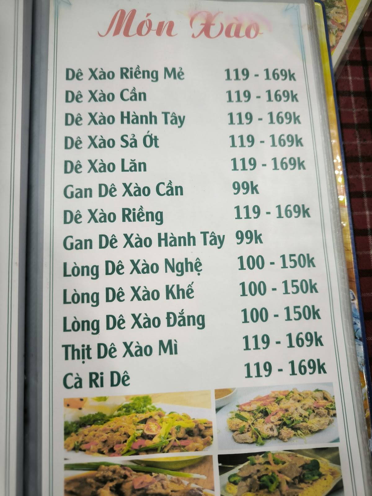 Menu at Dê núi Hương Sơn restaurant, Ho Chi Minh City