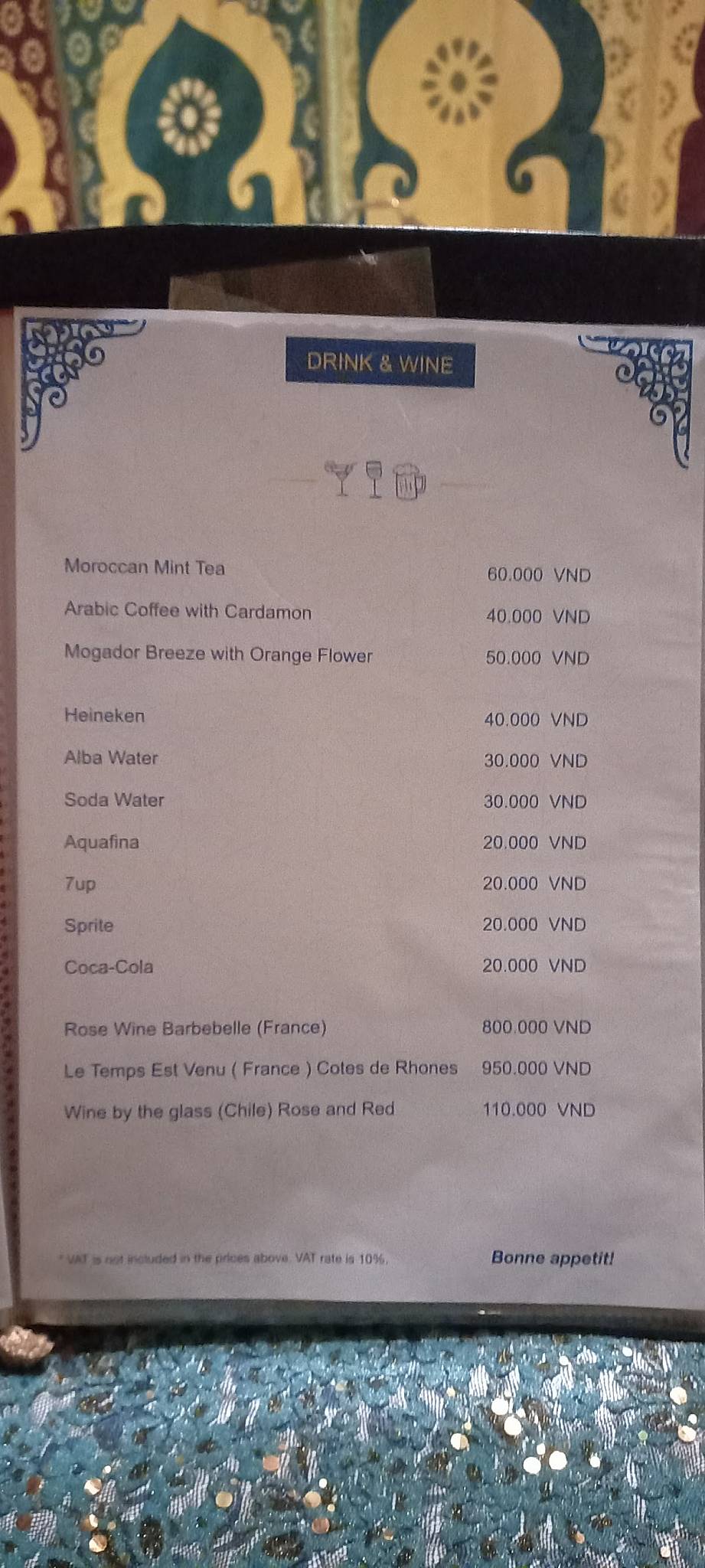Menu at Marrakech Riad Moroccan Restaurant, Ho Chi Minh City
