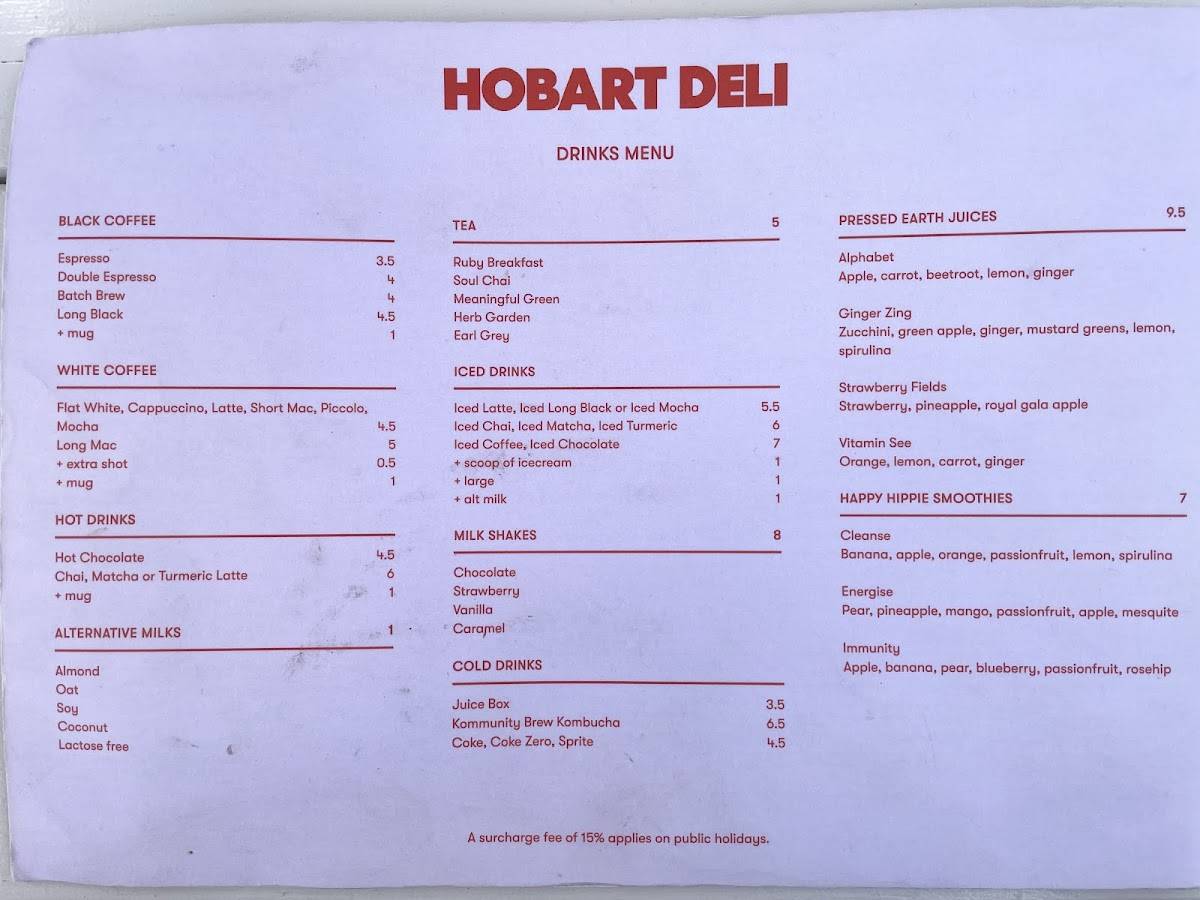 Menu at Hobart Deli, North Perth