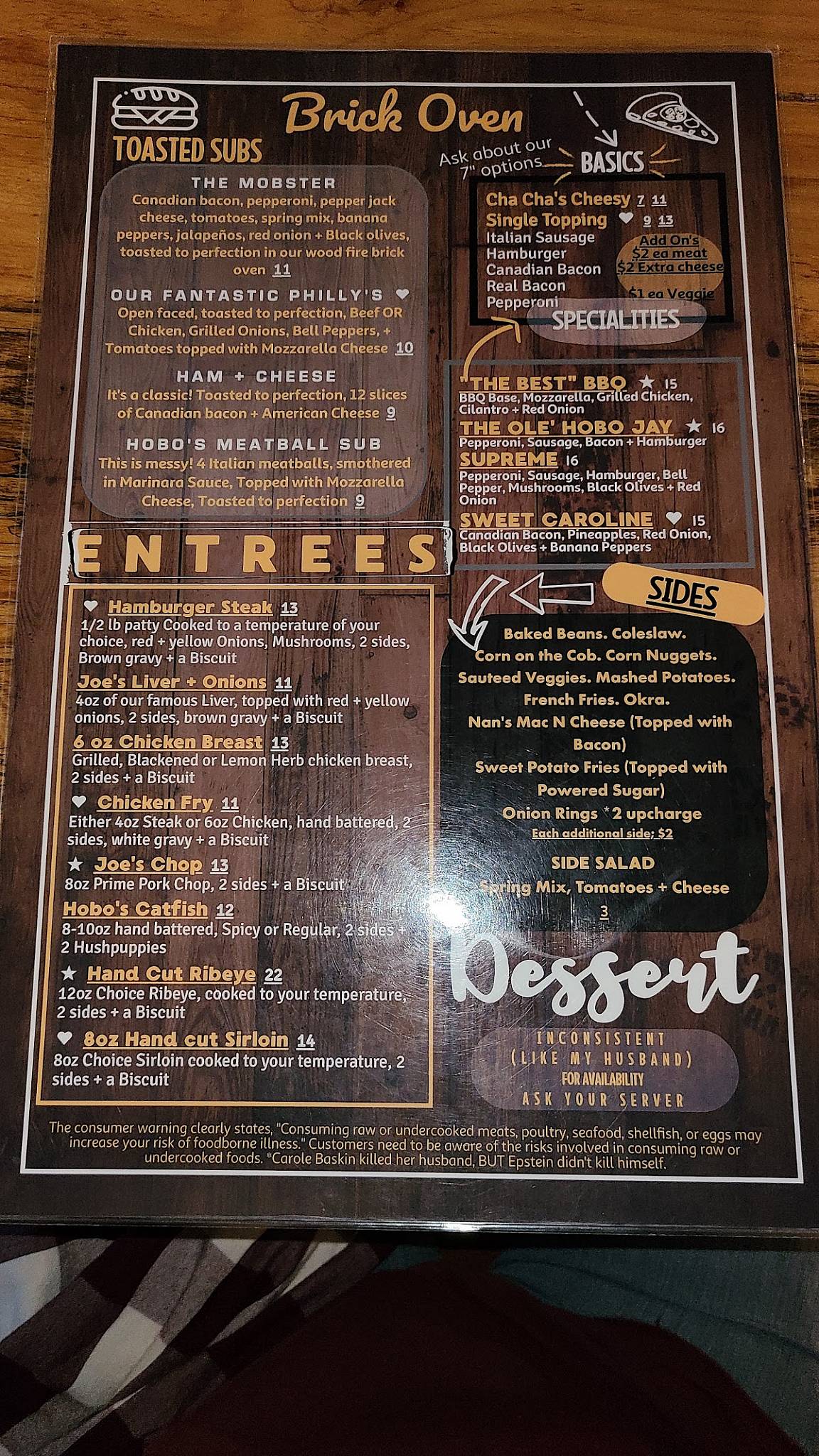 Menu at Hobo Joe's pizzeria, Madill
