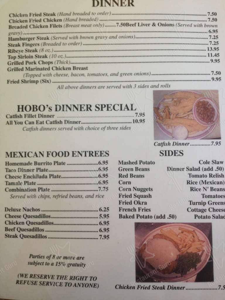 Menu at Hobo Joe's pizzeria, Madill