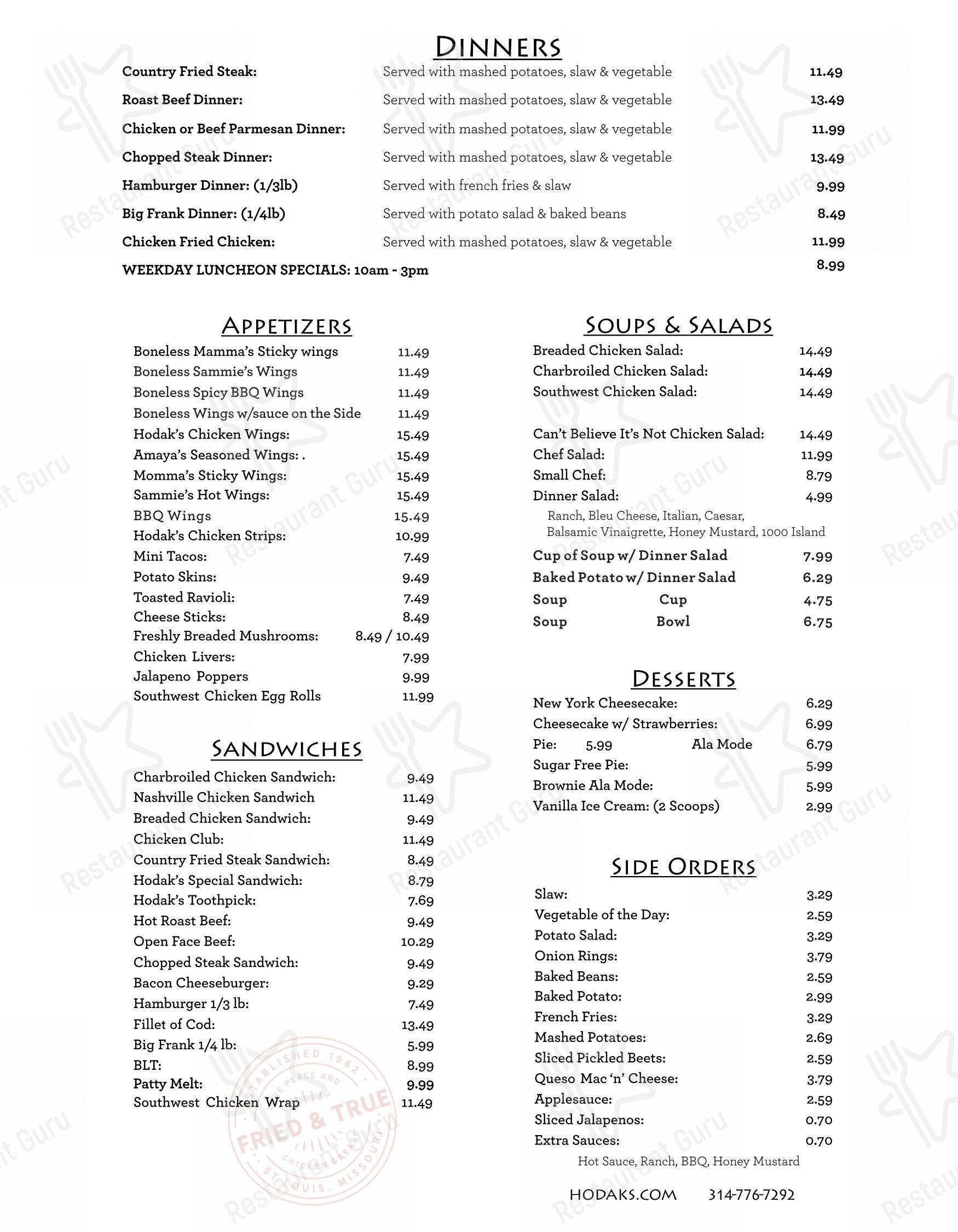 Menu at Hodak's Restaurant & Bar, St. Louis