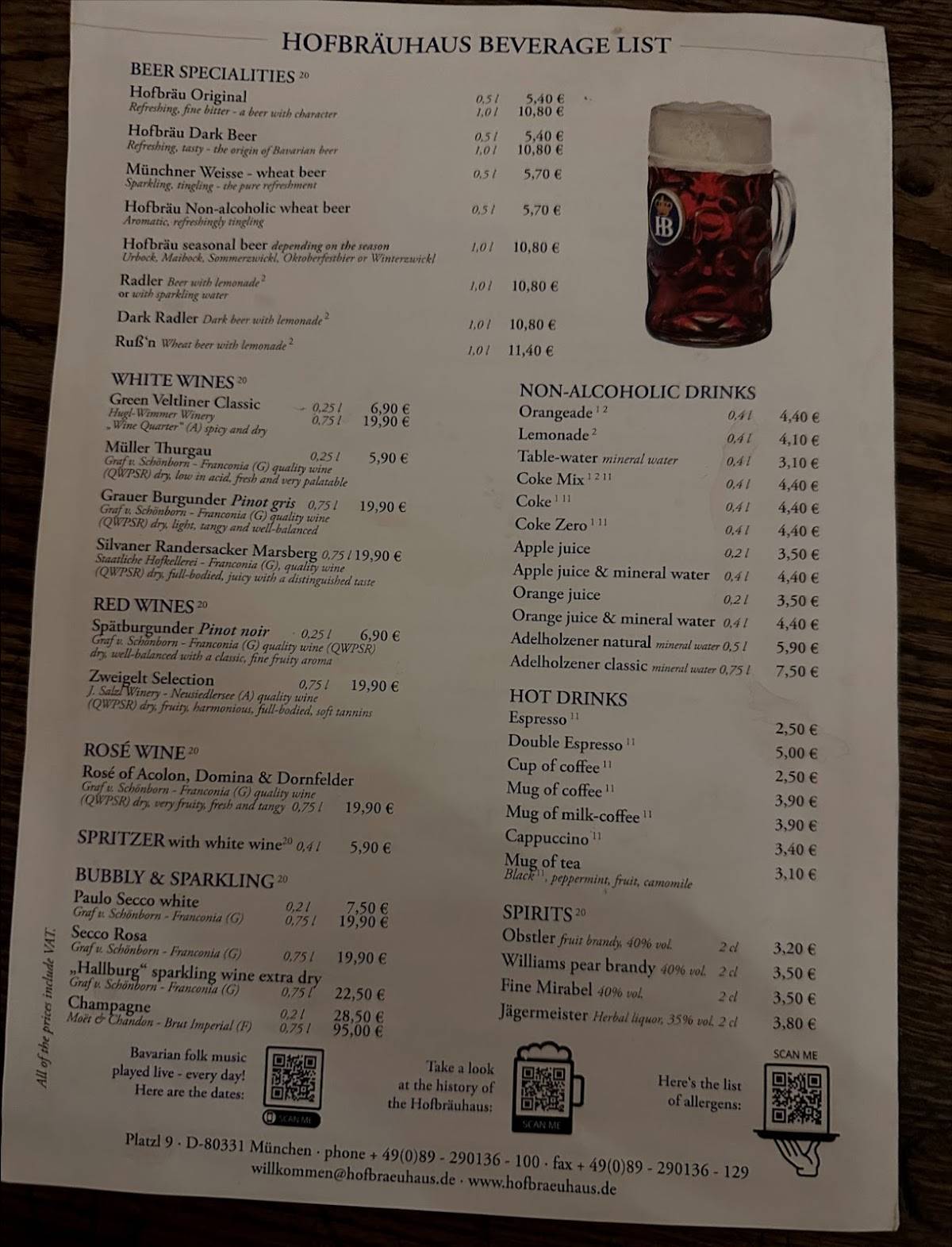 Menu at Hofbräuhaus München restaurant, Munich, Platzl 9