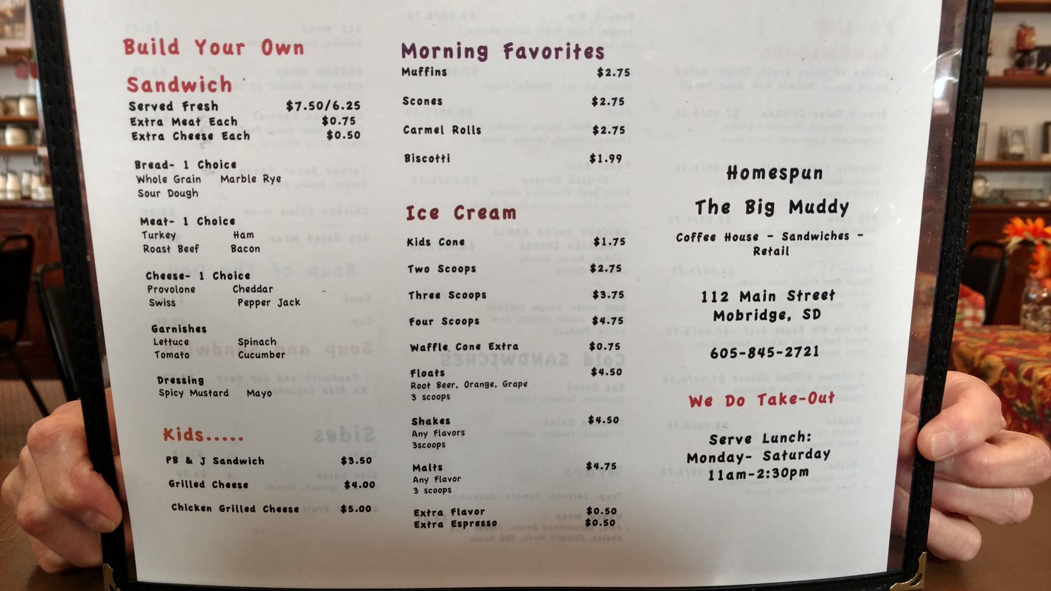 Menu at Homespun, Mobridge