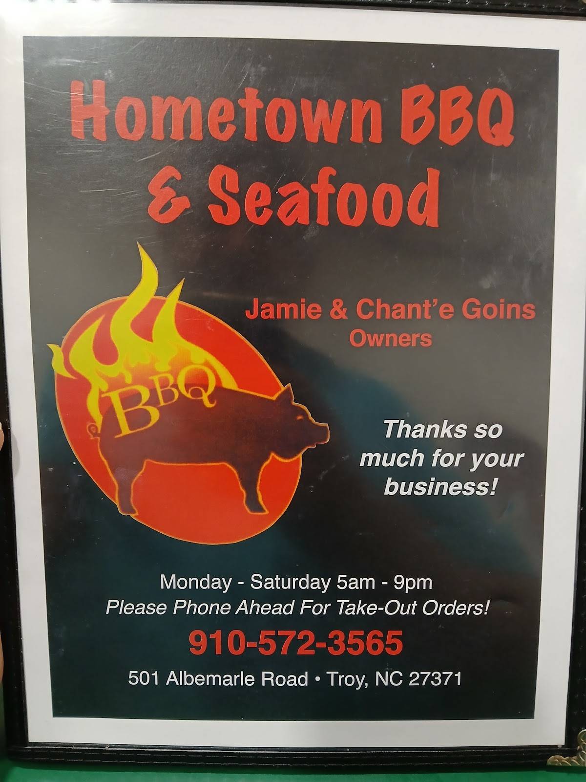 Menu at Hometown BBQ & Seafood, Troy, 501 Albemarle Rd