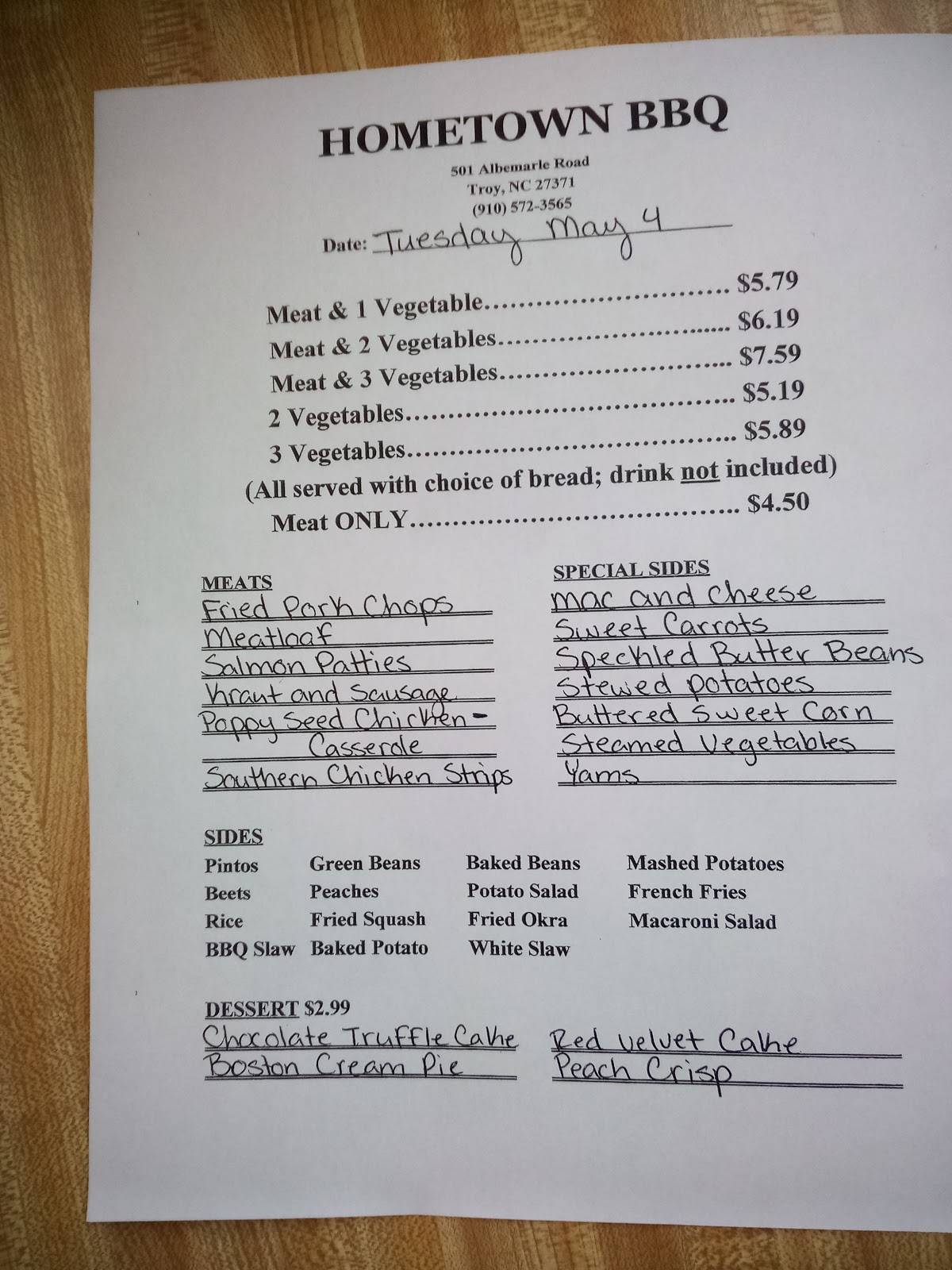 Menu at Hometown BBQ & Seafood, Troy, 501 Albemarle Rd