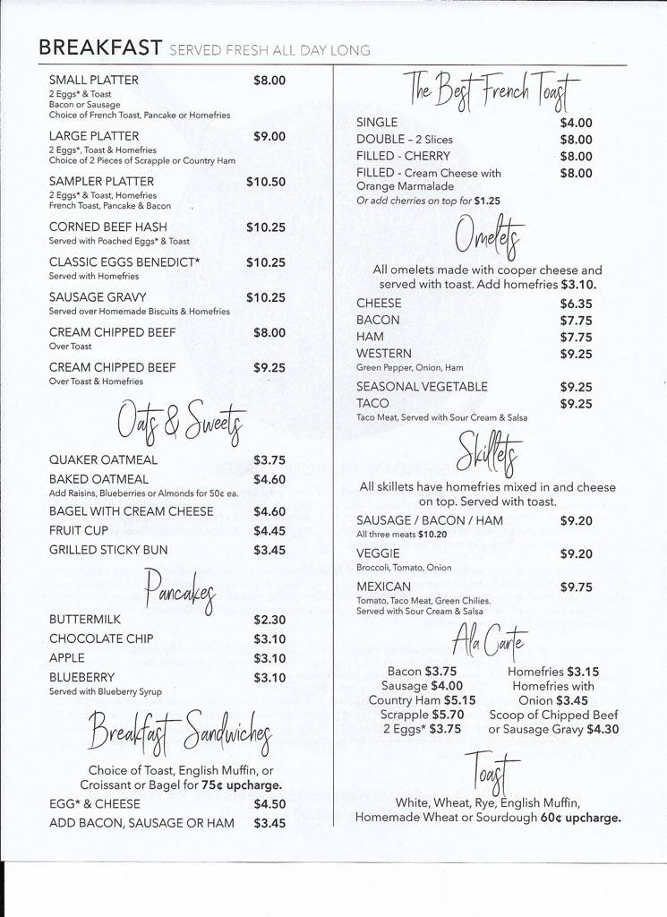 Menu at Honey Creek Inn restaurant, Reedsville