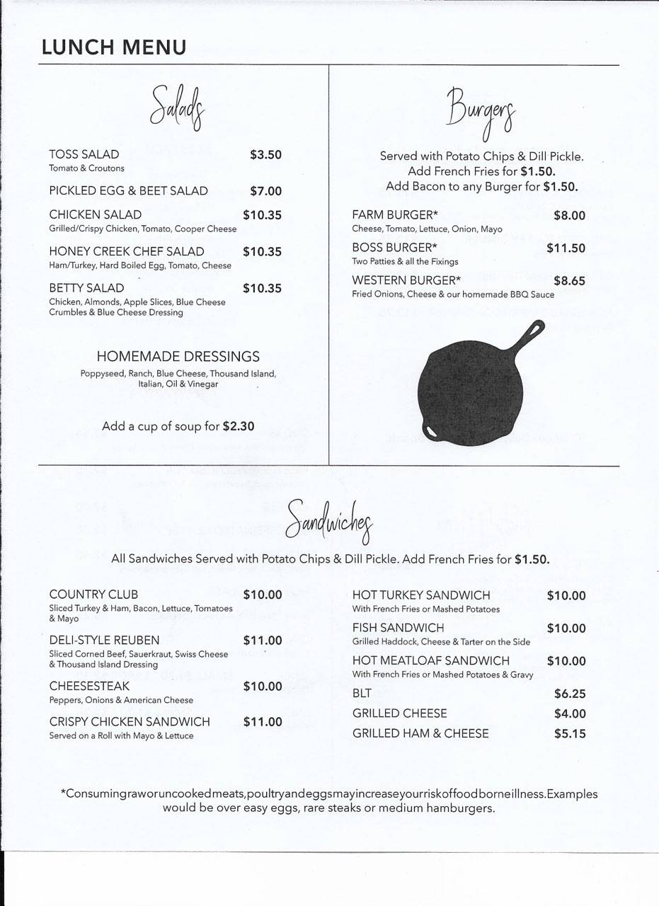 Menu at Honey Creek Inn restaurant, Reedsville