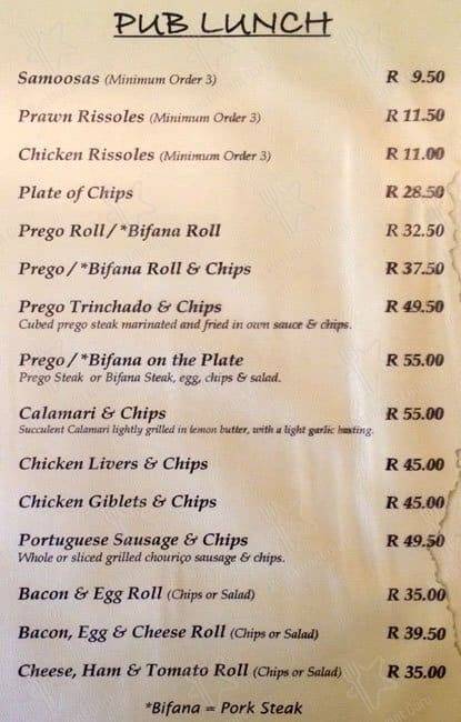 Menu at Honey Rock Motel restaurant, Roodepoort
