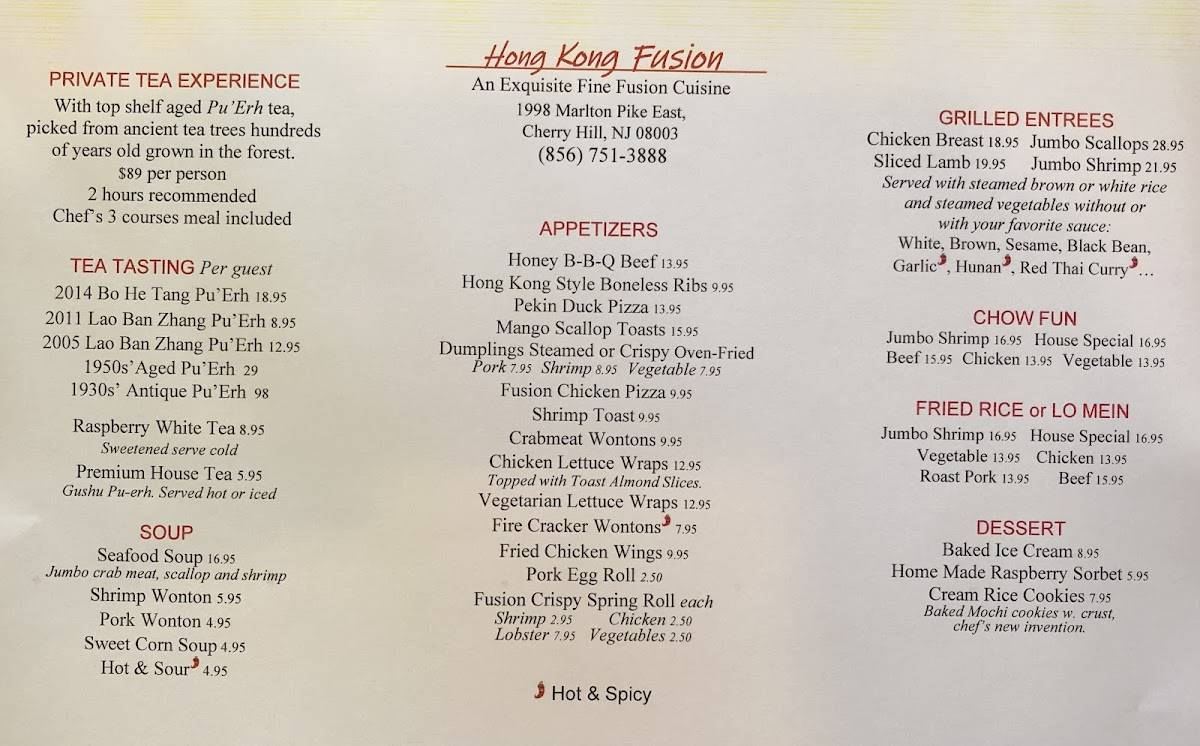 Menu at Hong Kong Fusion restaurant, Cherry Hill