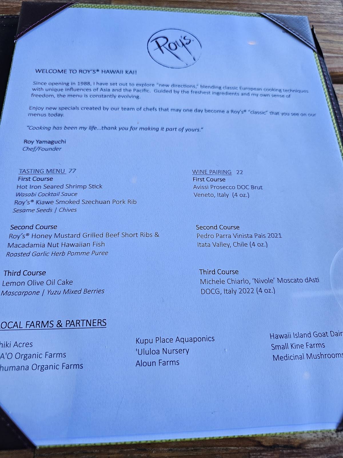 Menu at The Original Roy's in Hawaii Kai restaurant, Honolulu