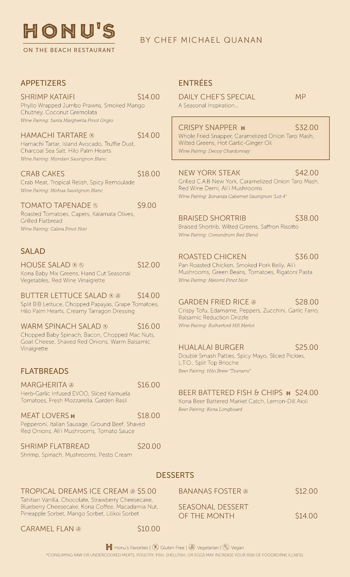 Menu at Honu's on the Beach restaurant, Kailua-Kona